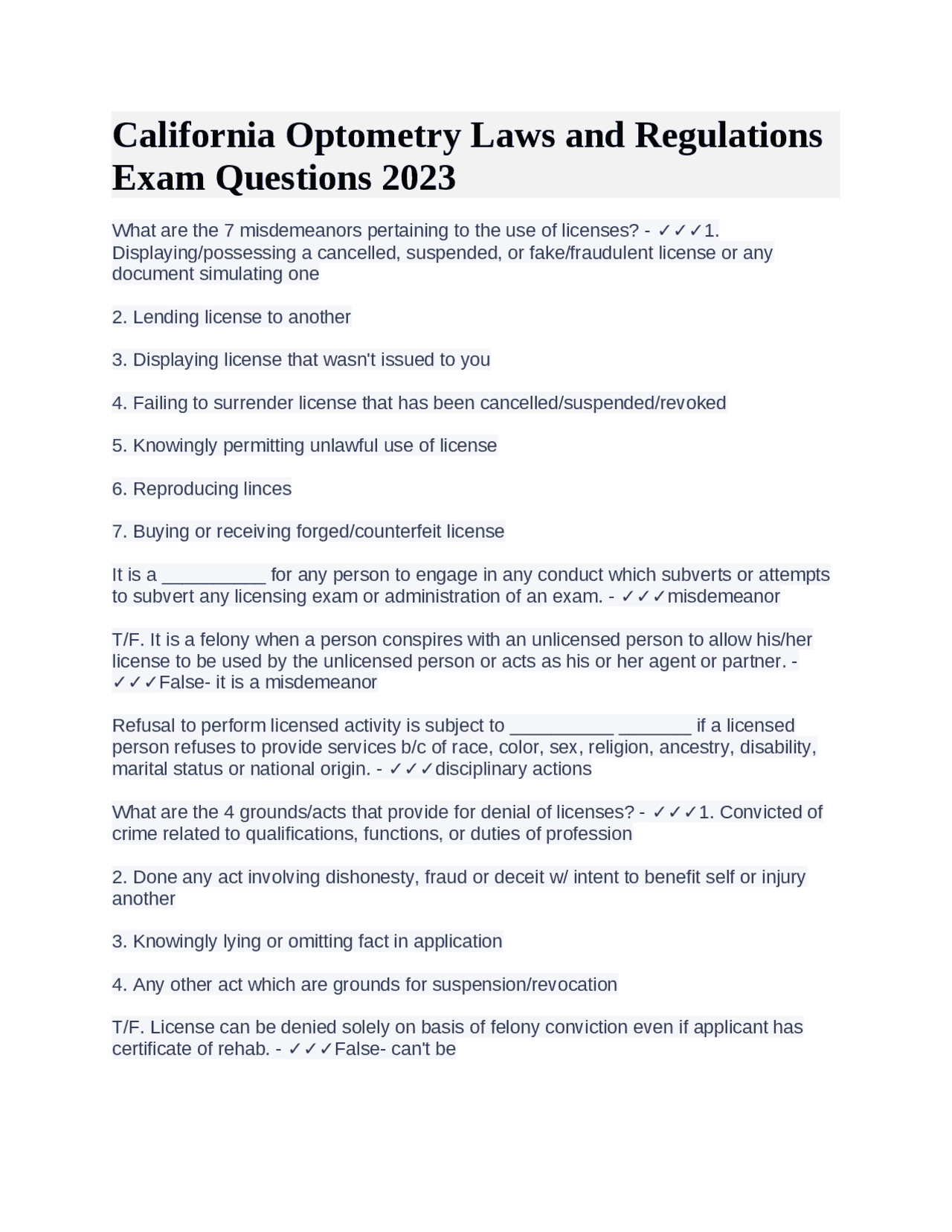 California Optometry Laws and Regulations Exam Questions 2023 | Exams ...