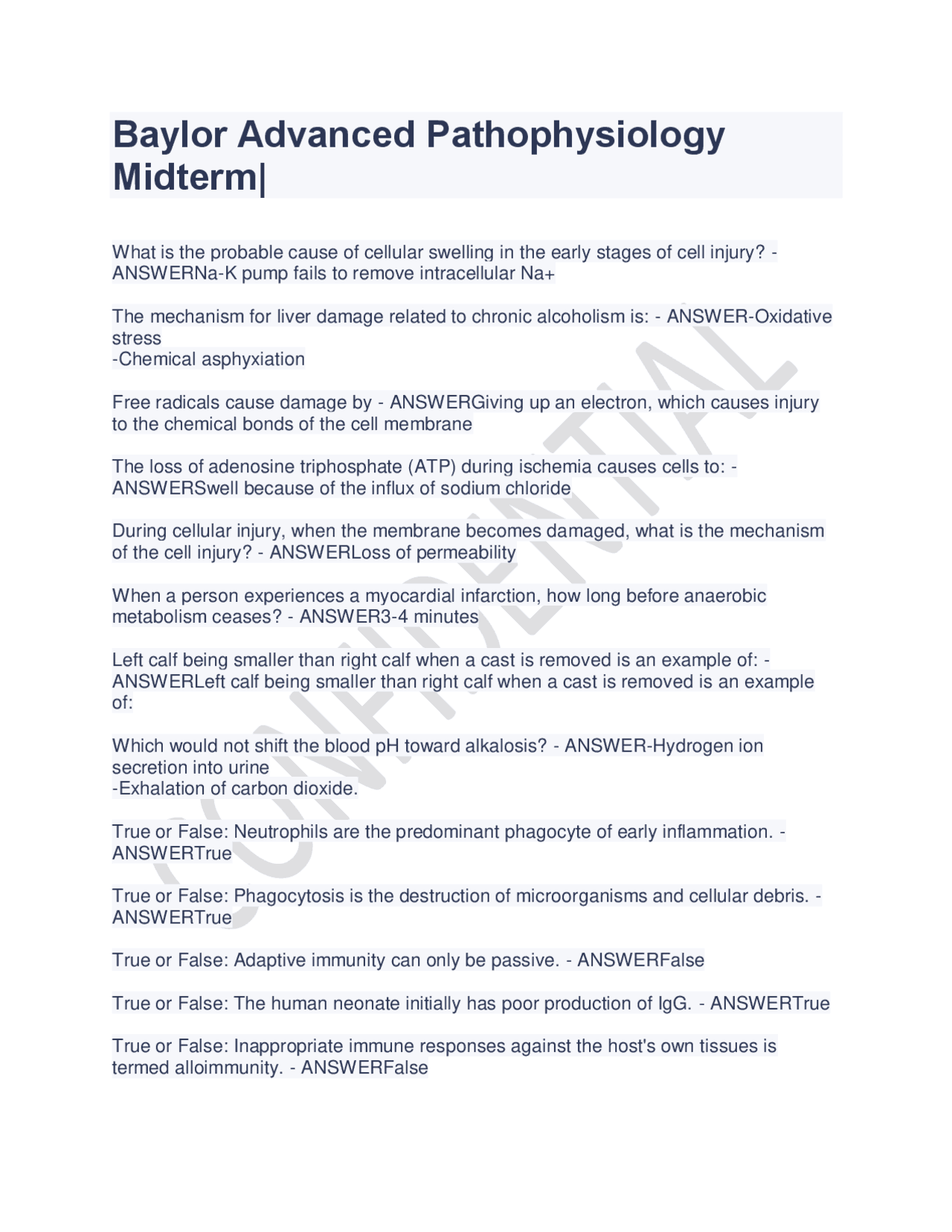 Baylor Advanced Pathophysiology Midterm|100% CORRECTLY ANSWERED | Exams ...