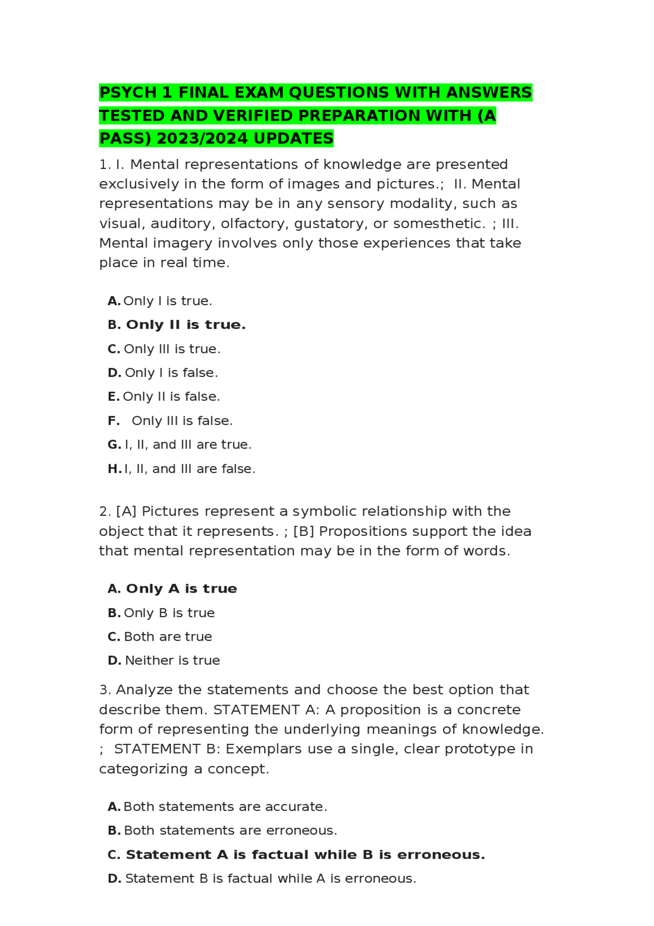 Psychology Final Exam Questions and Answers | Exams Nursing | Docsity