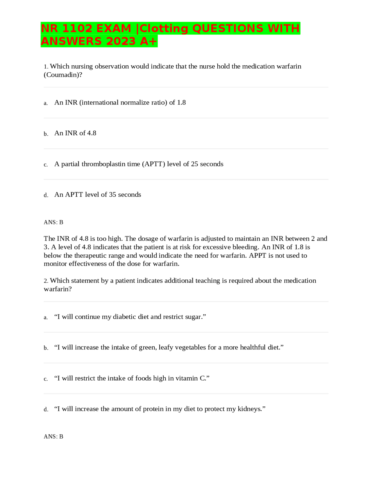 NR 1102 EXAM |Clotting QUESTIONS WITH ANSWERS 2023 A+ | Exams Nursing ...