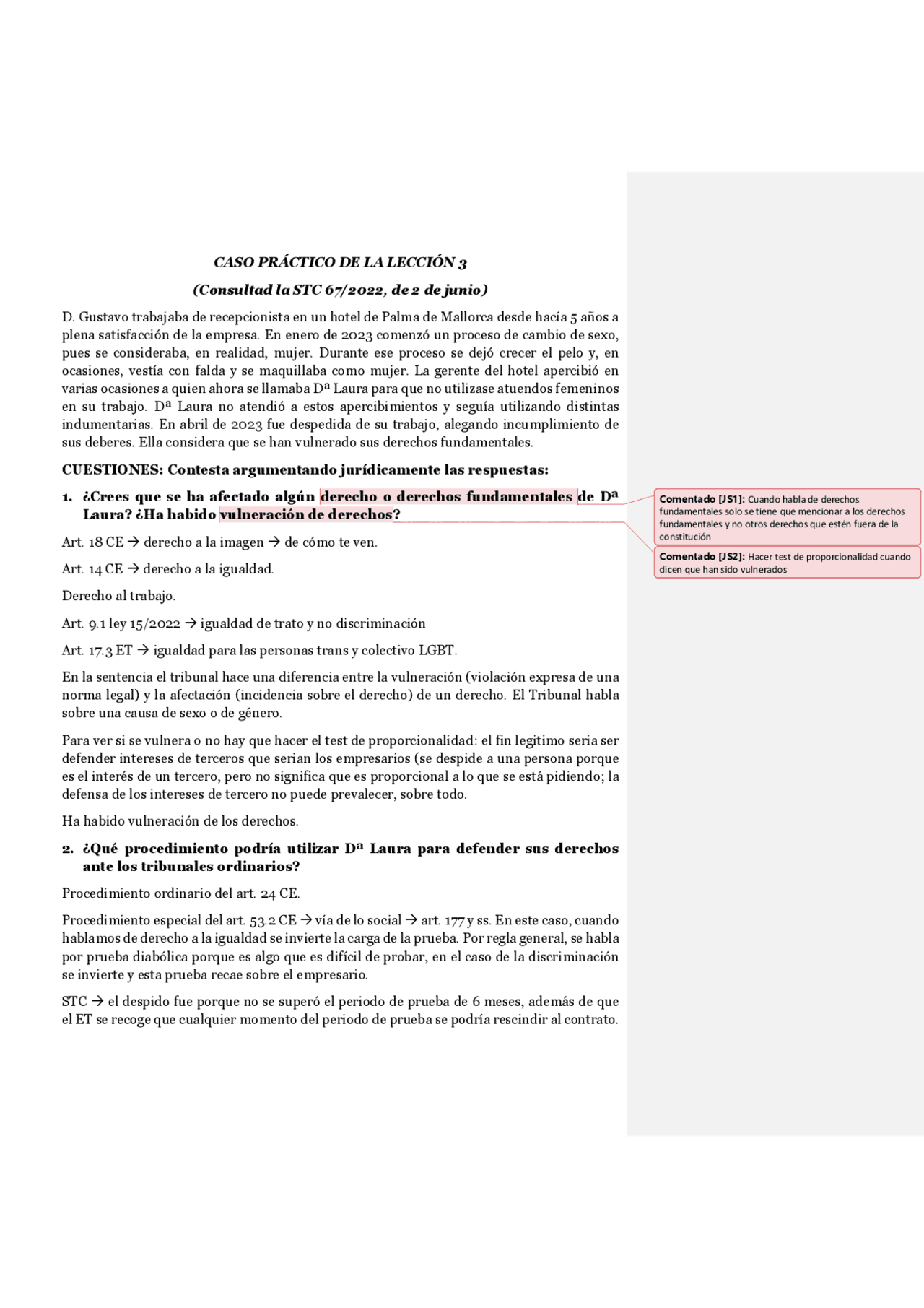 Caso práctico de la lección 3 DDFF | Ejercicios de Derecho Constitucional | Docsity