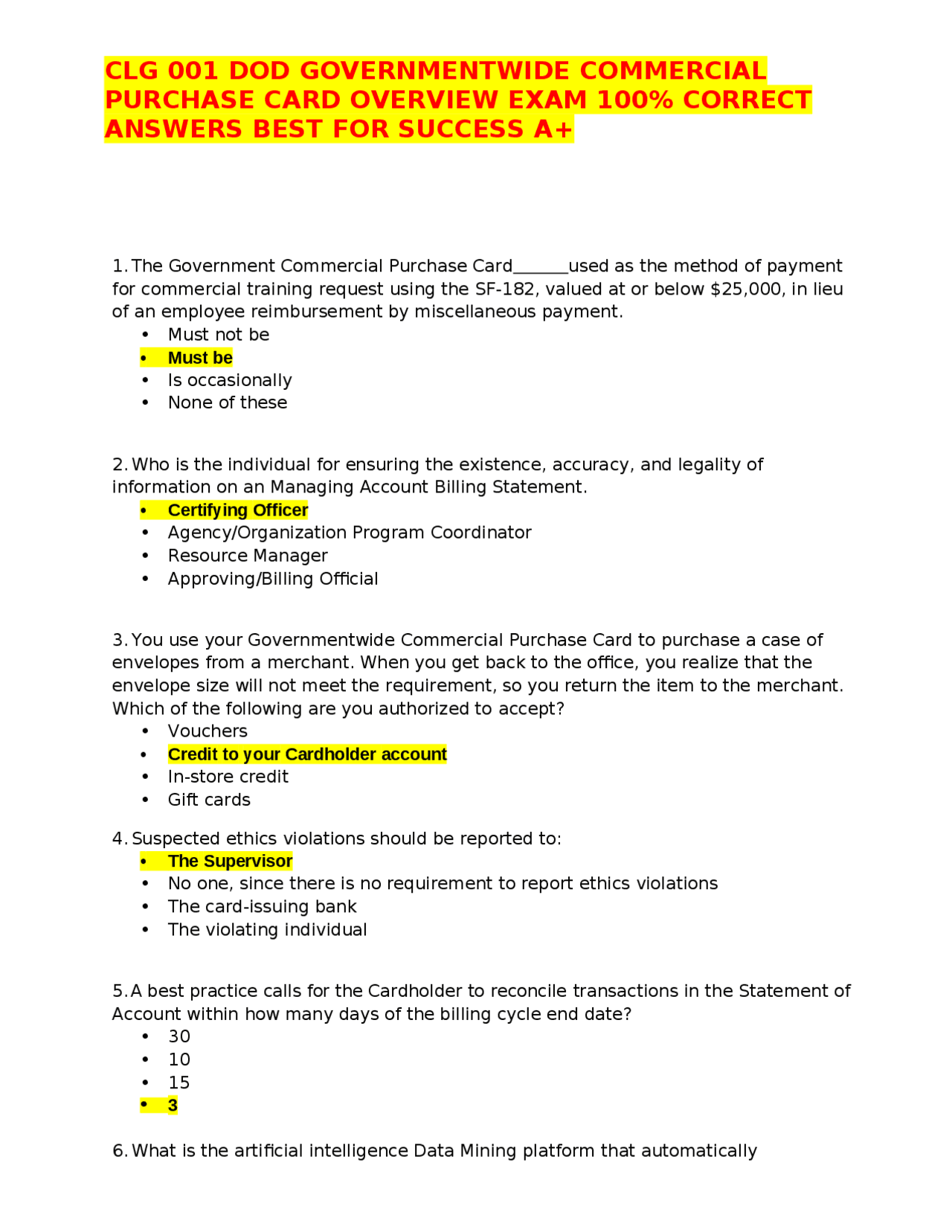 CLG 001 DOD GOVERNMENTWIDE COMMERCIAL PURCHASE CARD OVERVIEW EXAM 100% ...