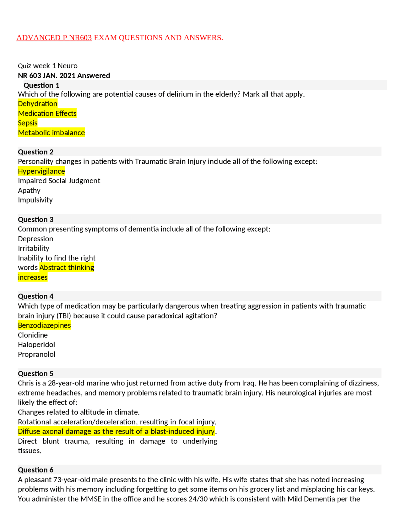 ADVANCED P NR603 EXAM QUESTIONS AND ANSWERS. | Exams Health sciences ...