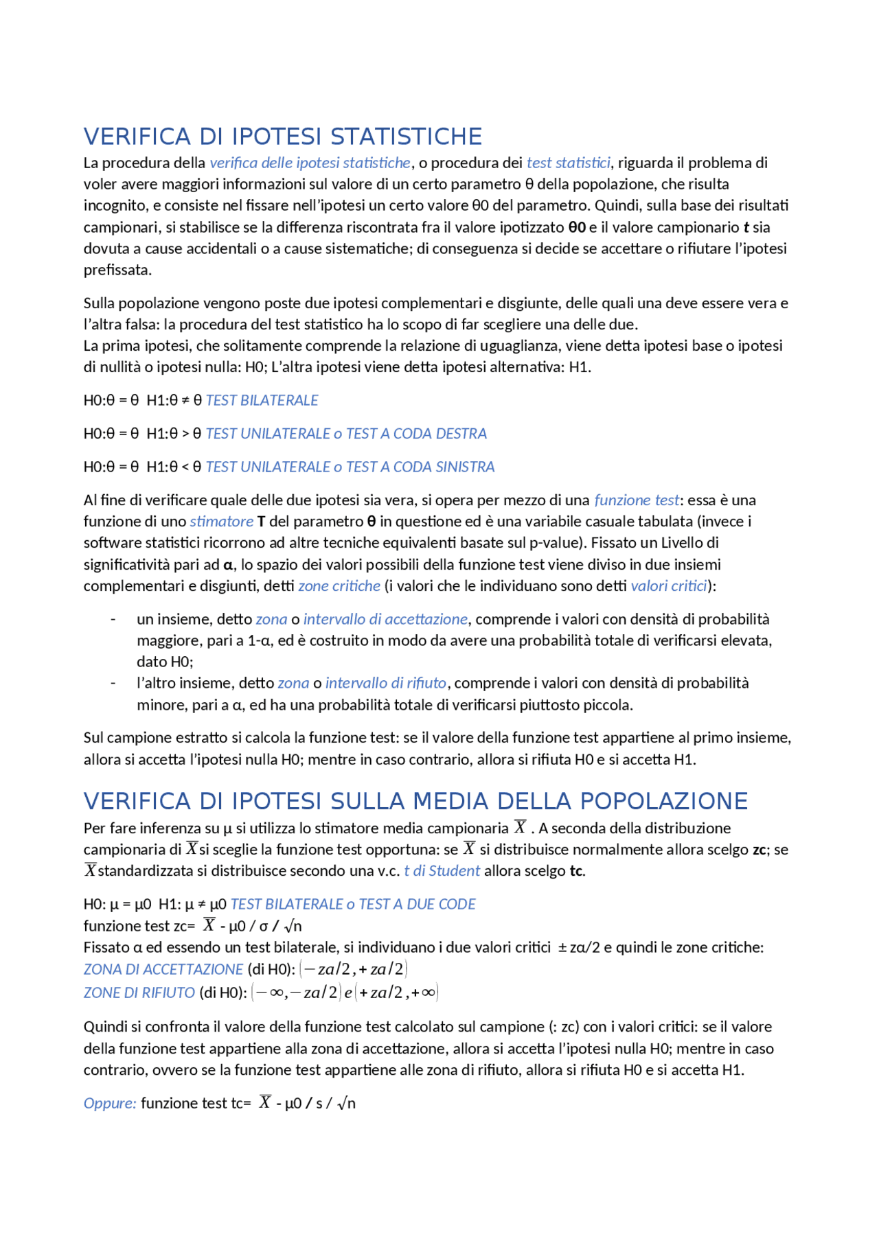 Verifica Delle Ipotesi Appunti Di Statistica Docsity