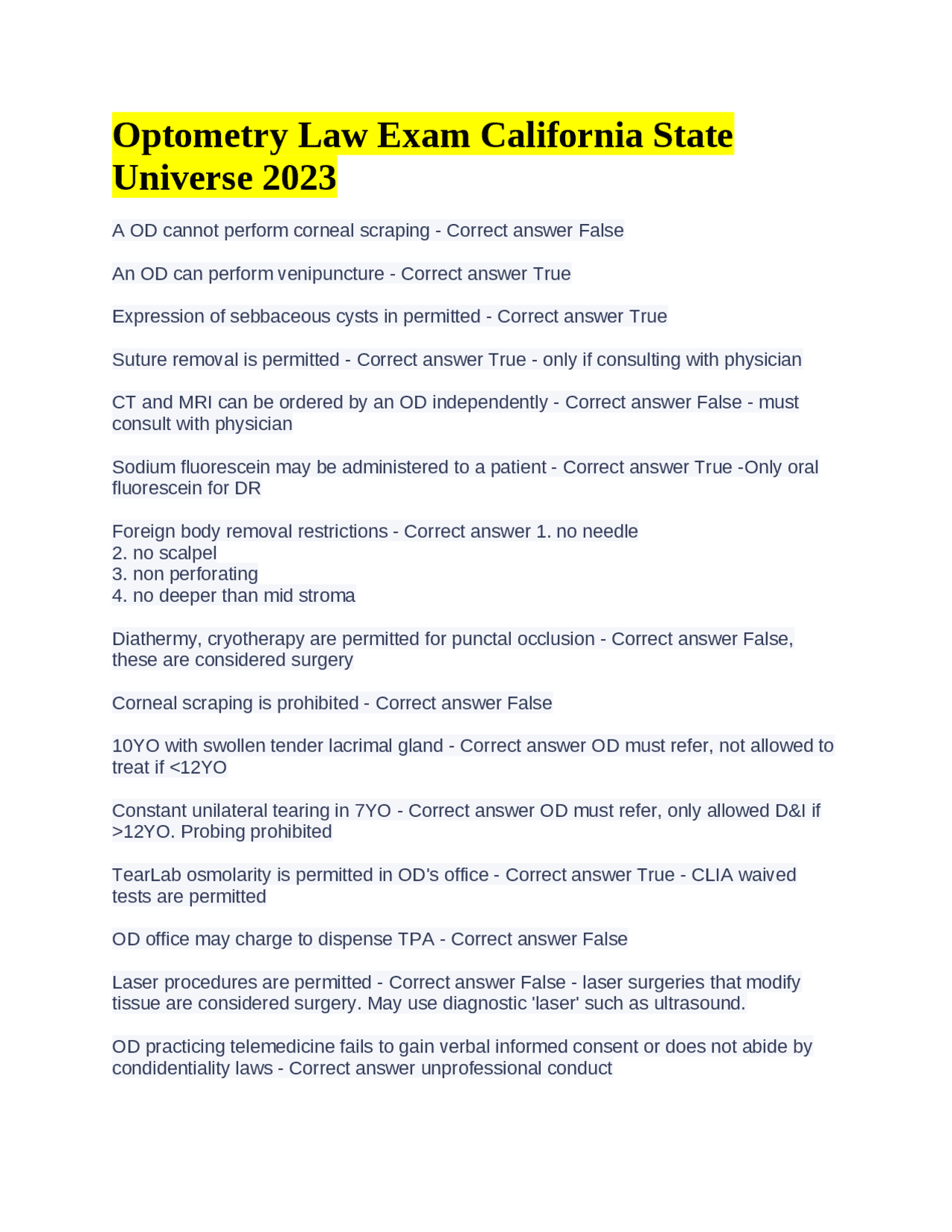 Optometry Law Exam California State Universe 2023 | Exams Law | Docsity