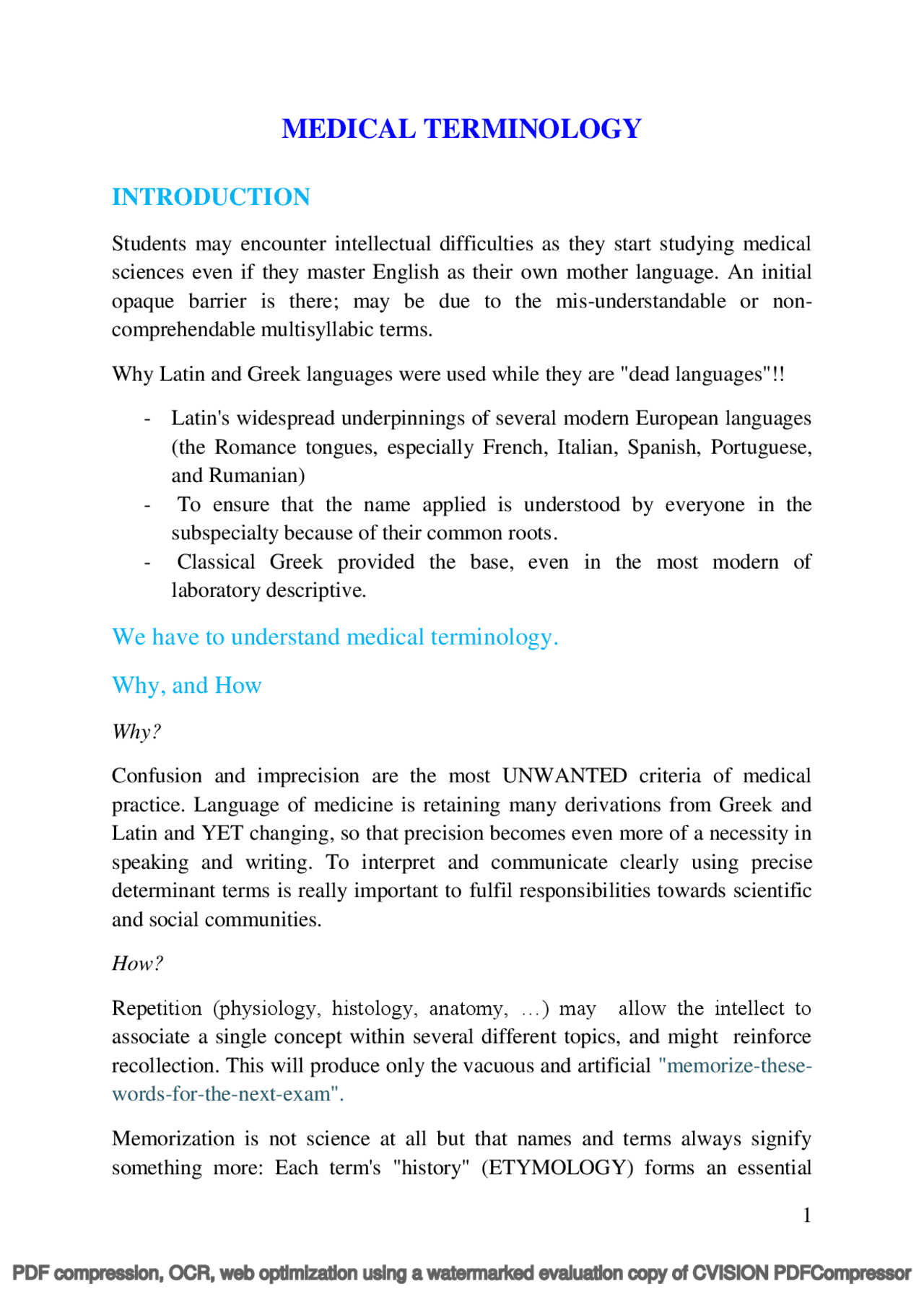 Introduction to Medical Terminology | Lecture notes Medicine | Docsity