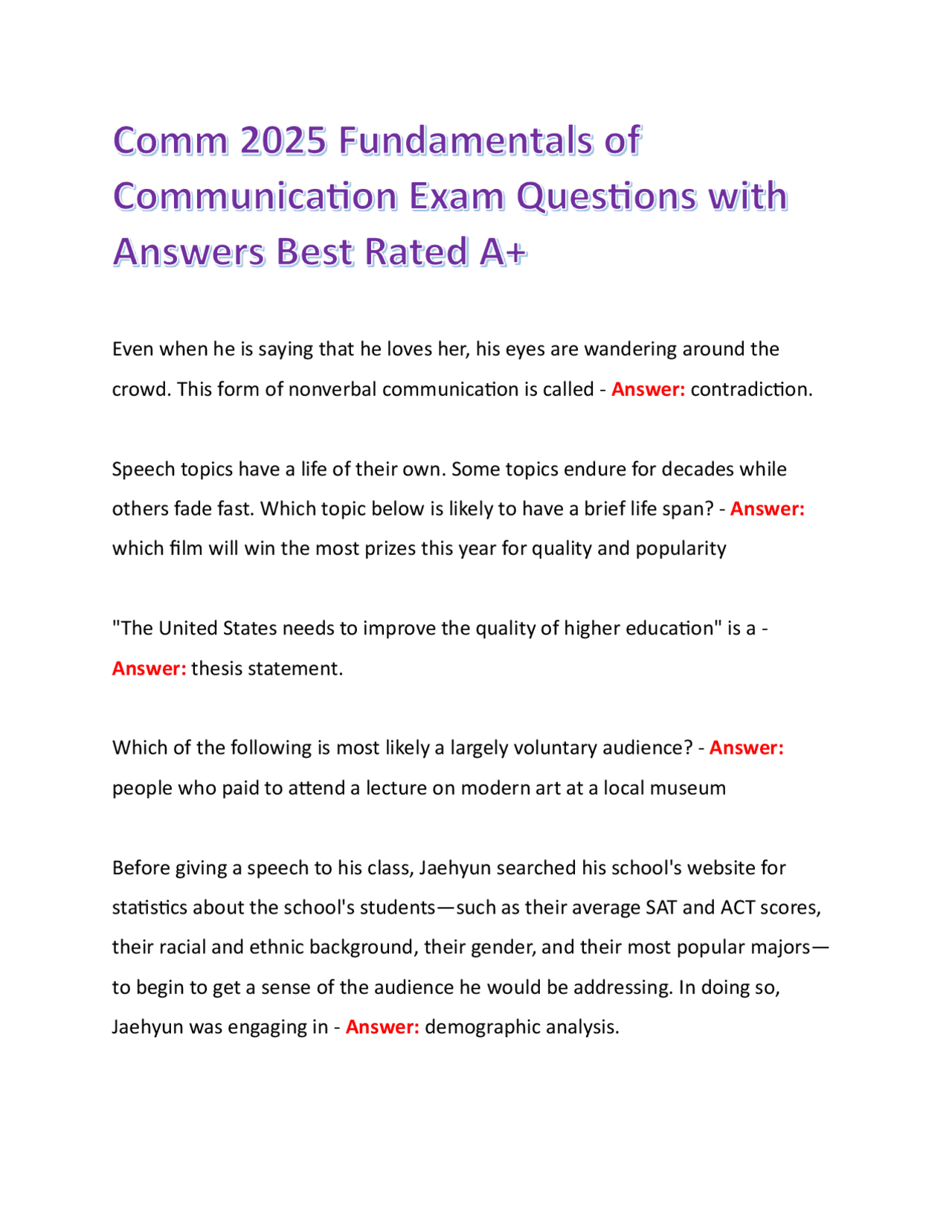 Comm 2025 Fundamentals Of Communication Exam Questions With Answers