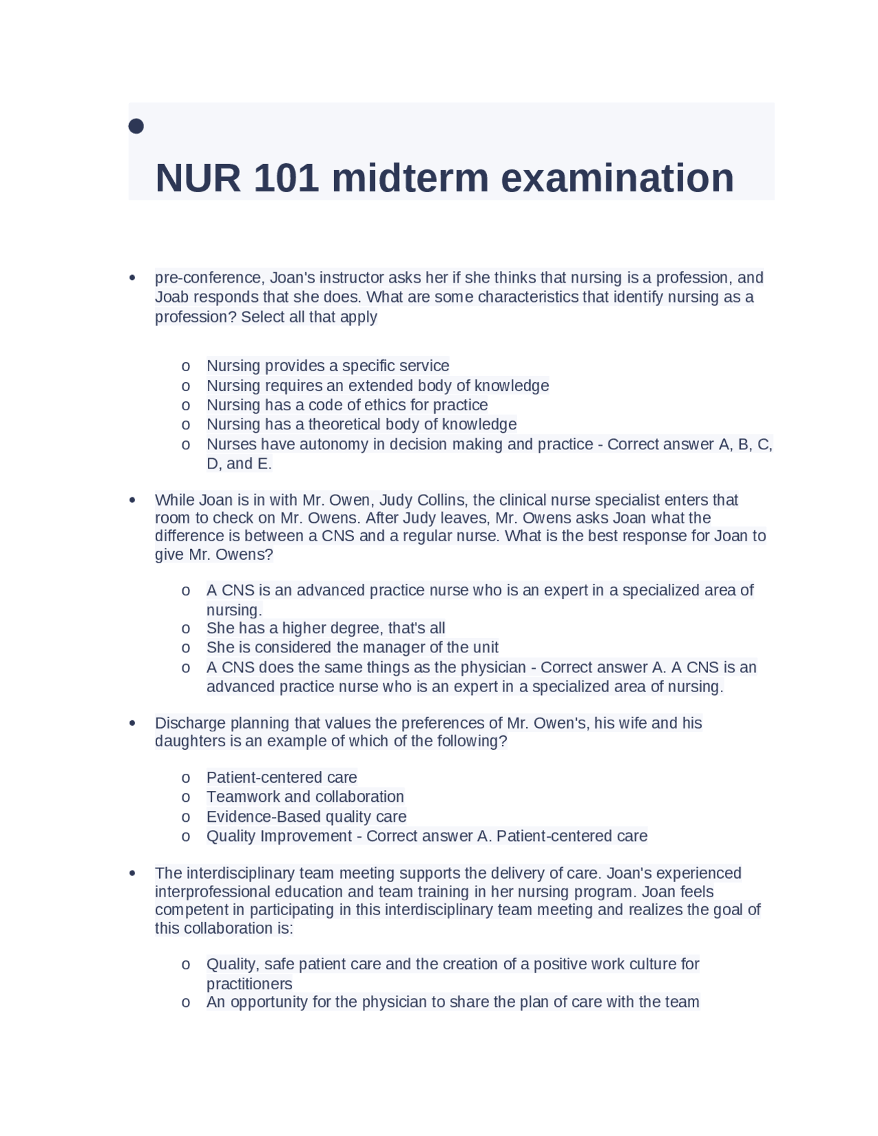 NUR 101 midterm examination | Exams Nursing | Docsity