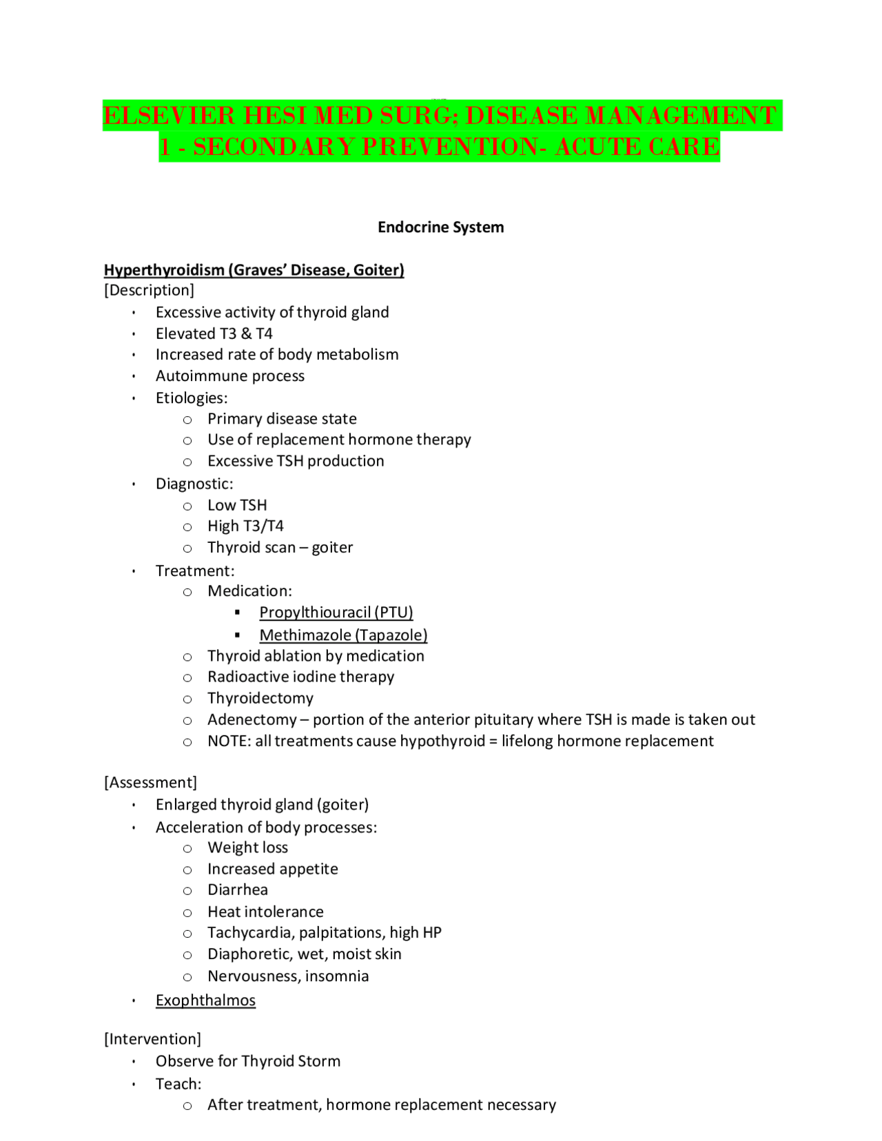 ELSEVIER HESI MED SURG; DISEASE MANAGEMENT 1 - SECONDARY PREVENTION ...