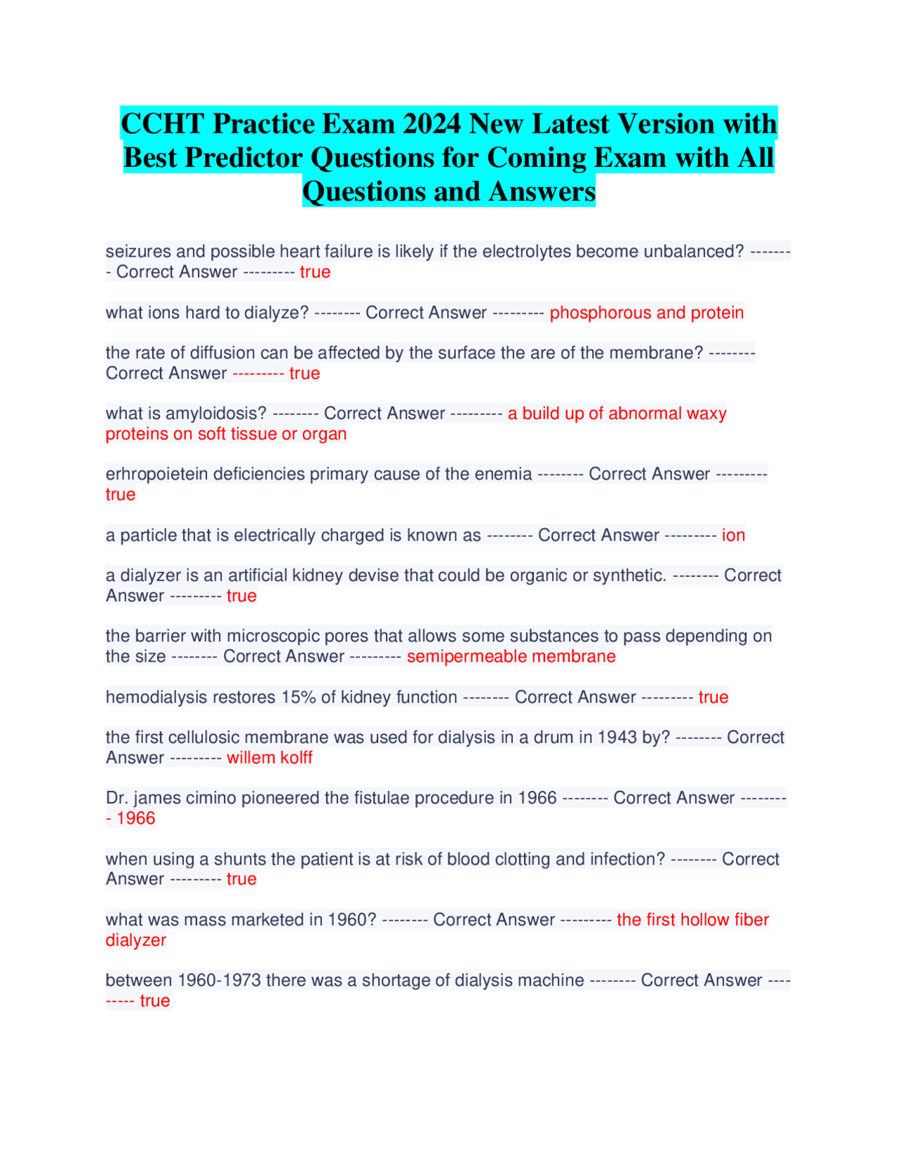 CCHT Practice Exam 2024 New Latest Version with Best Predictor ...