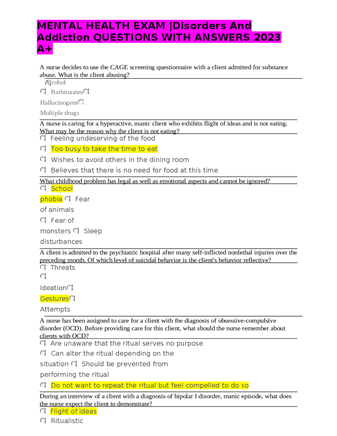 MENTAL HEALTH EXAM |Disorders And Addiction QUESTIONS WITH ANSWERS 2023 ...