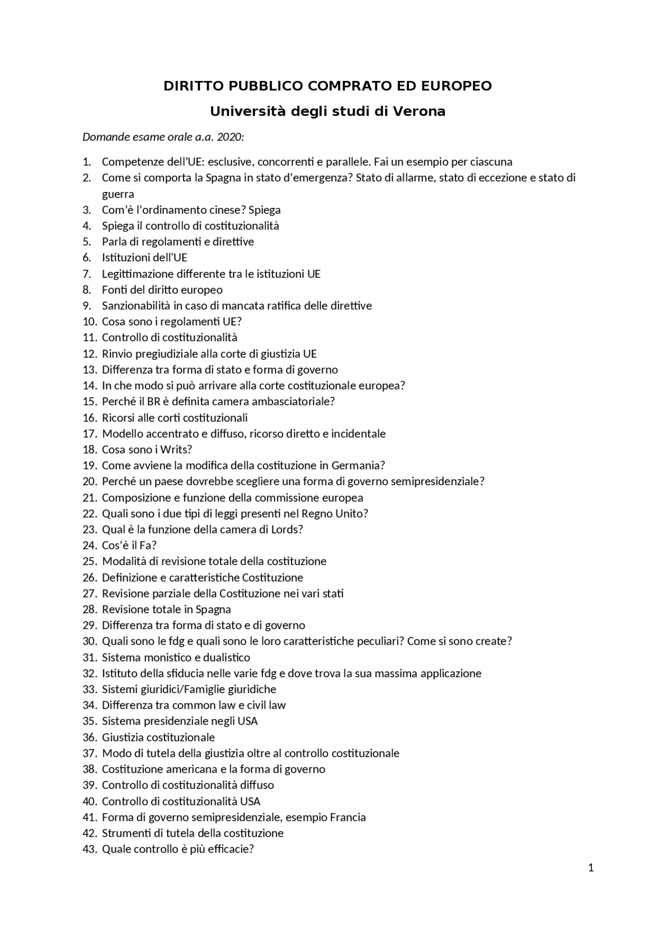 Domande esame orale del corso "DIRITTO PUBBLICO COMPRATO ED EUROPEO". | Prove d'esame di Diritto ...