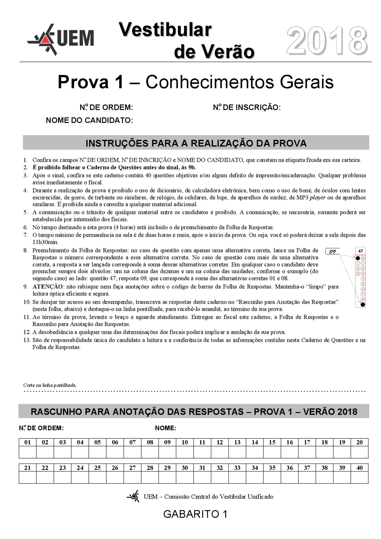 Provas oficial uem 2018 | Provas Vestibulares | Docsity