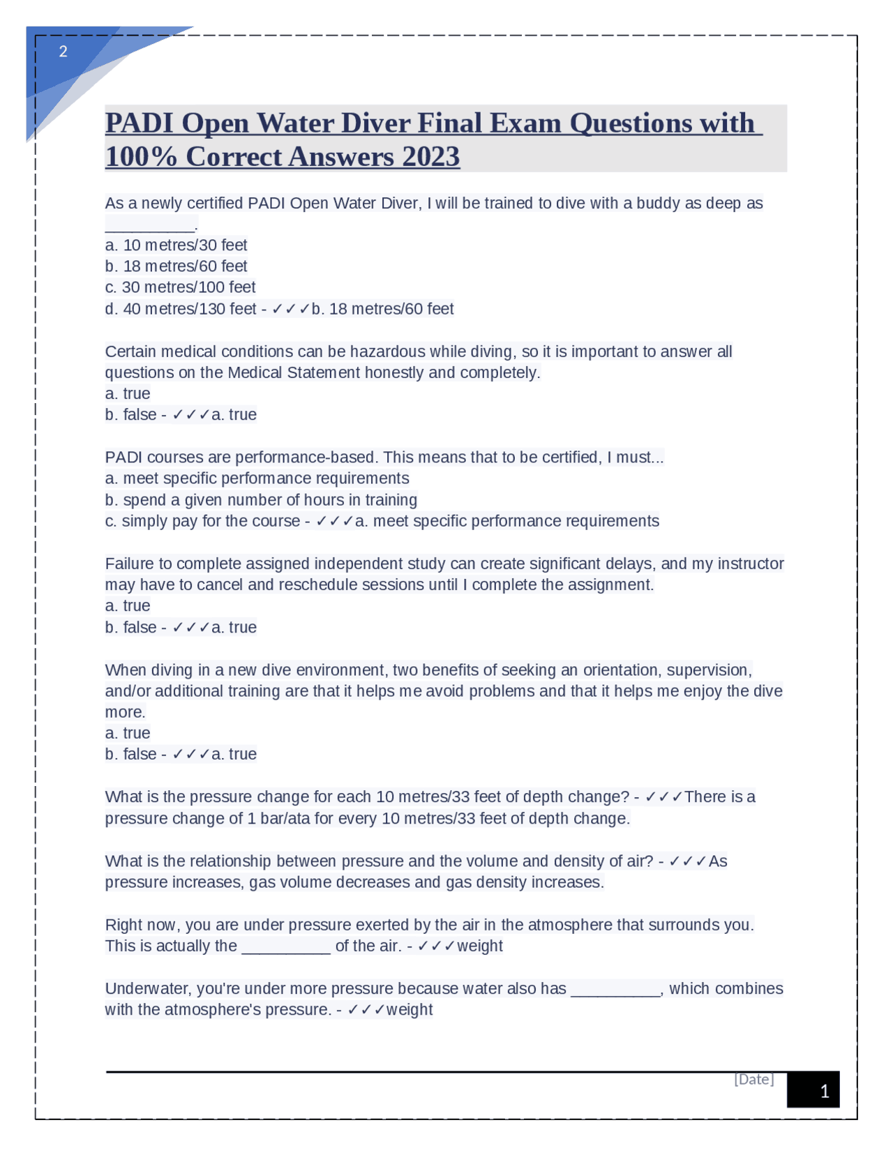 PADI Open Water Diver Final Exam Questions with 100% Correct Answers ...