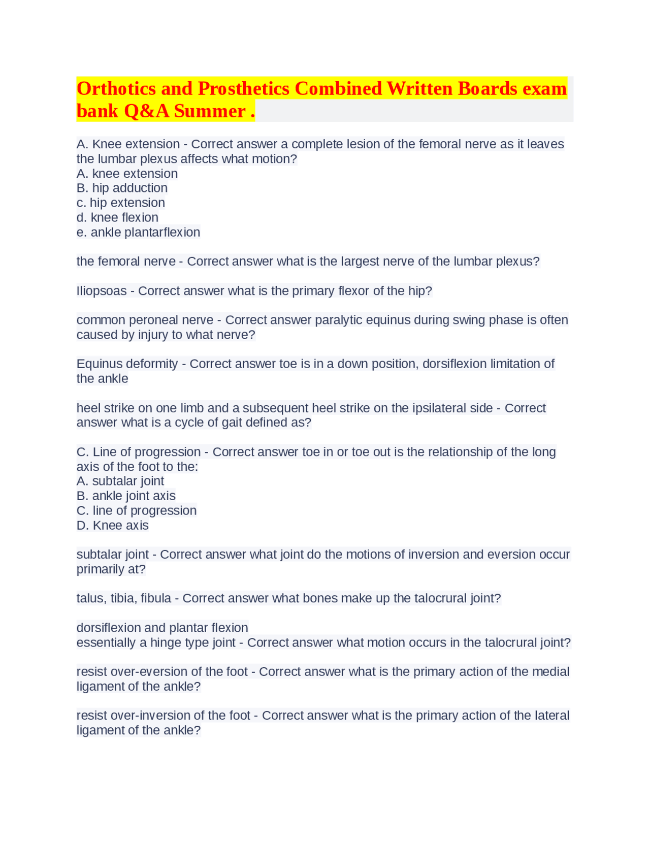 Orthotics and Prosthetics Combined Written Boards exam bank Q&A Summer ...