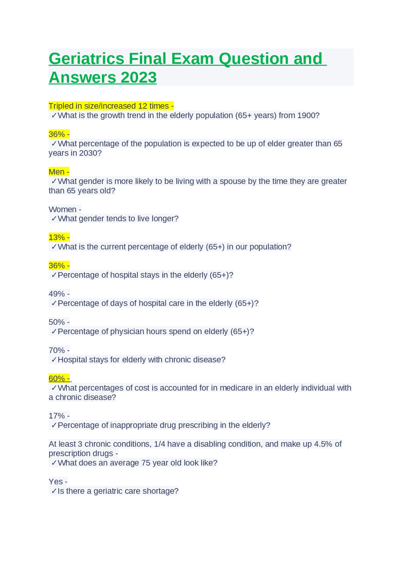 Geriatrics Final Exam Question and Answers 2023 | Exams Nutrition | Docsity