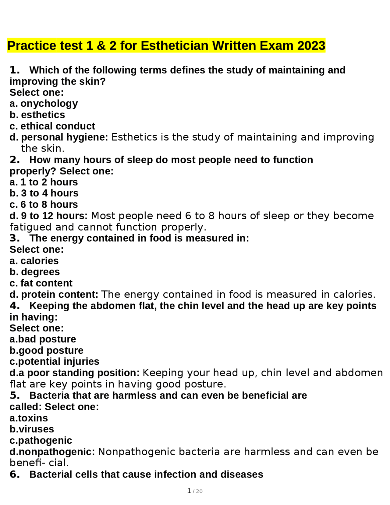 Practice test 1 & 2 for Esthetician Written Exam 2023 | Exams Nursing ...