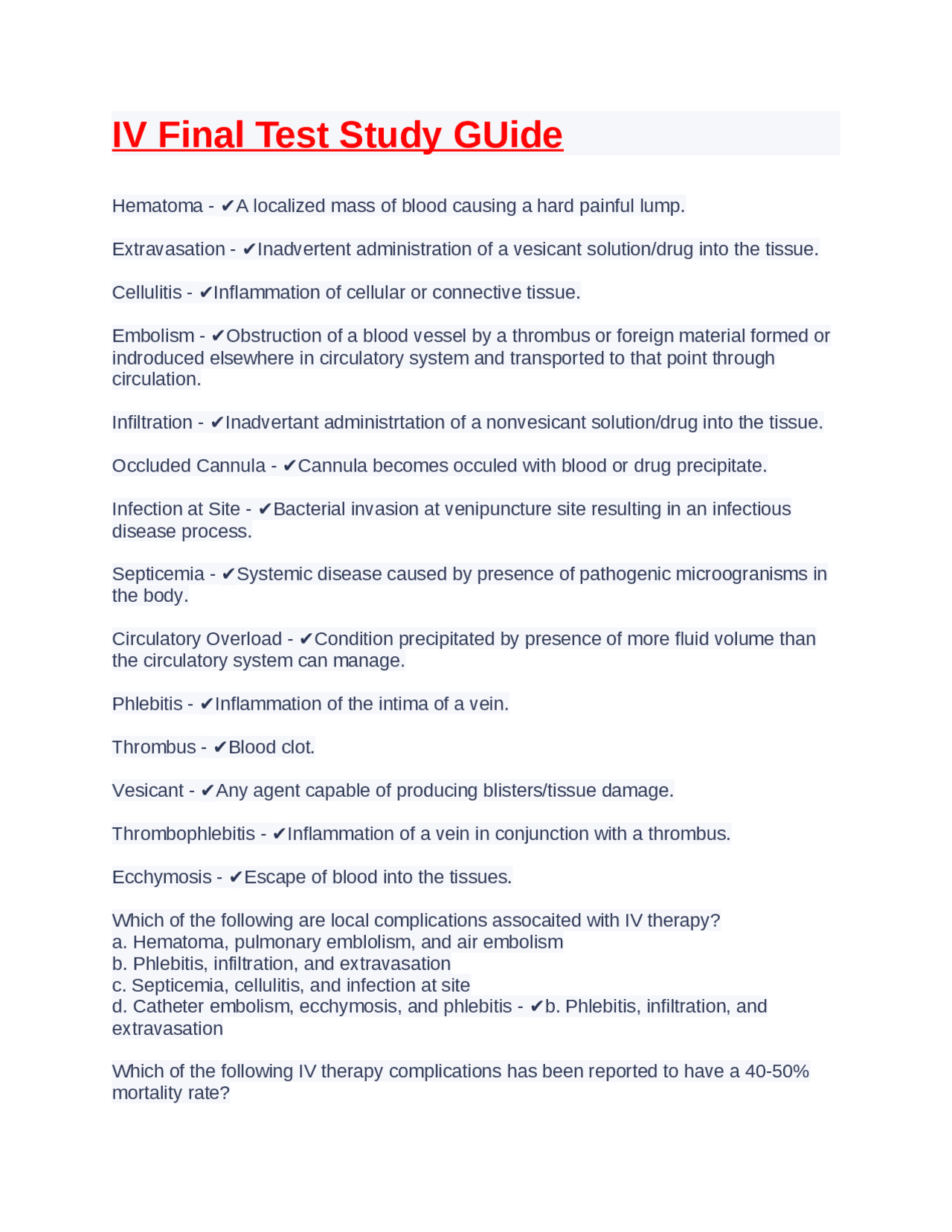 IV Final Test Study GUide | Exams Nursing | Docsity