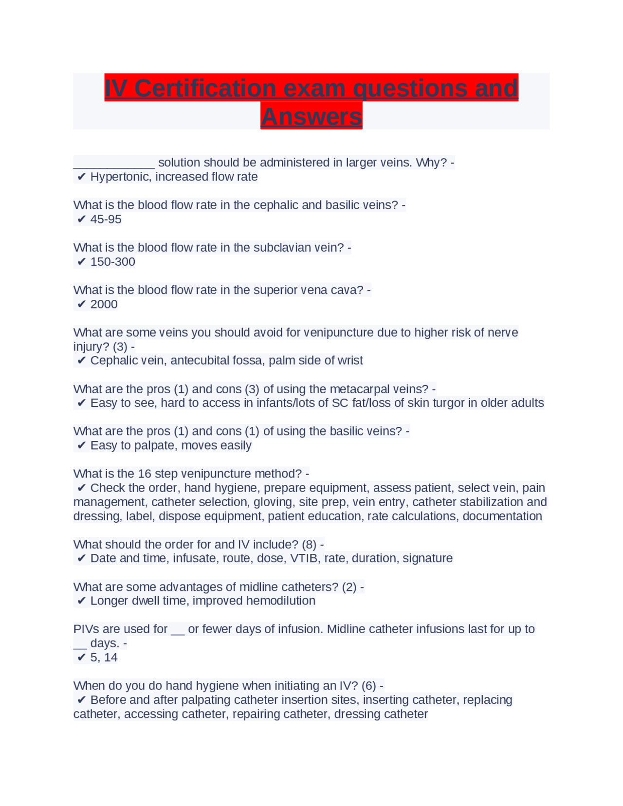 Iv Certification Exam Questions And Answers Exams Nursing Docsity