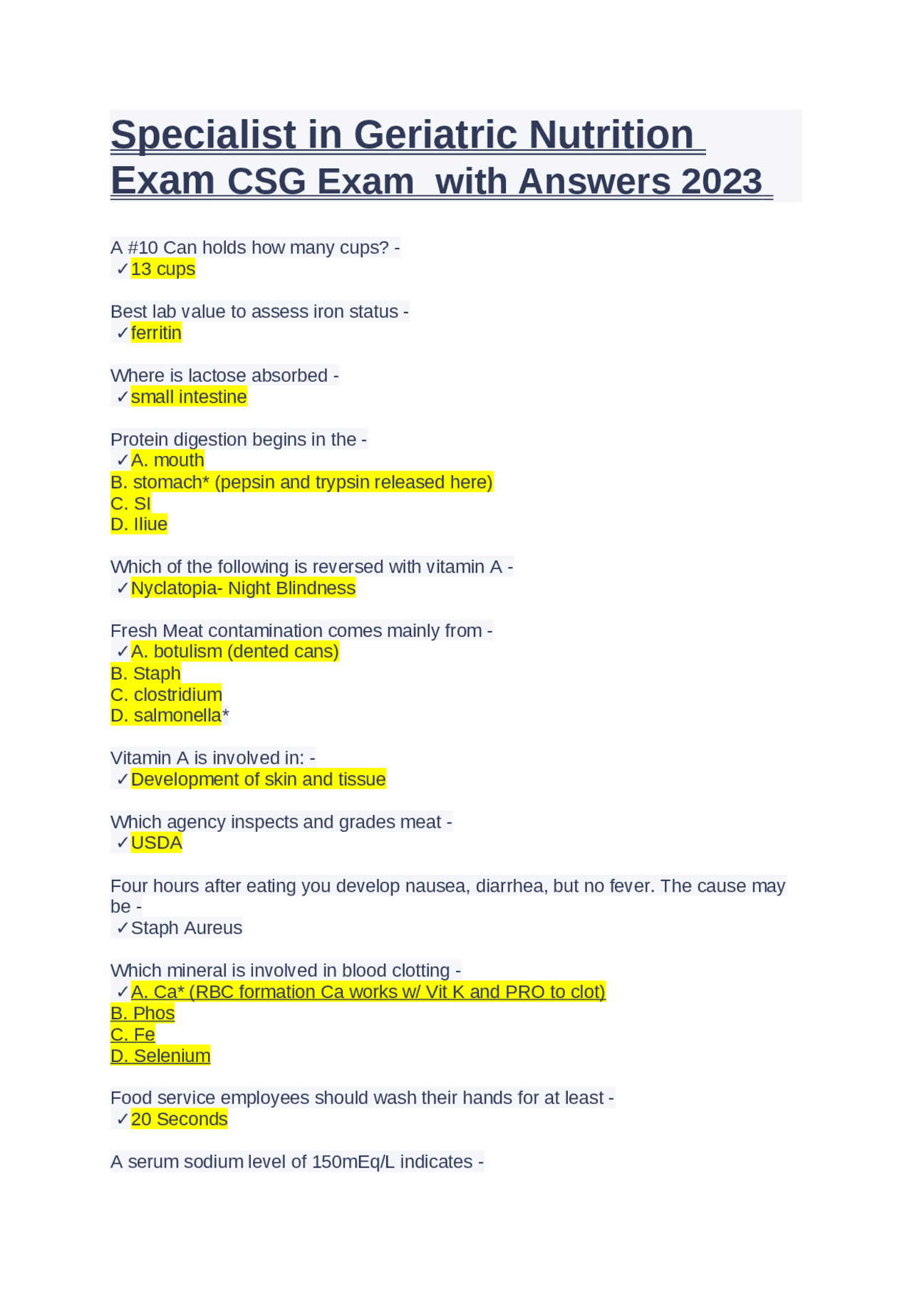 Specialist In Geriatric Nutrition Exam Csg Exam With Answers 2023