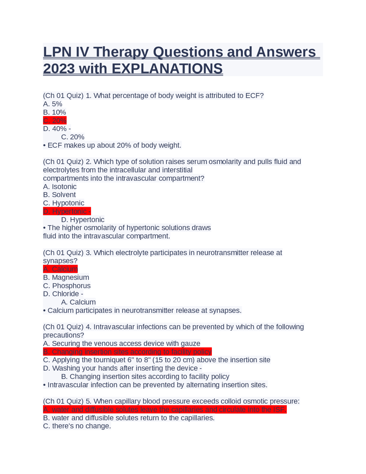 LPN IV Therapy Questions and Answers 2023 with EXPLANATIONS | Exams ...