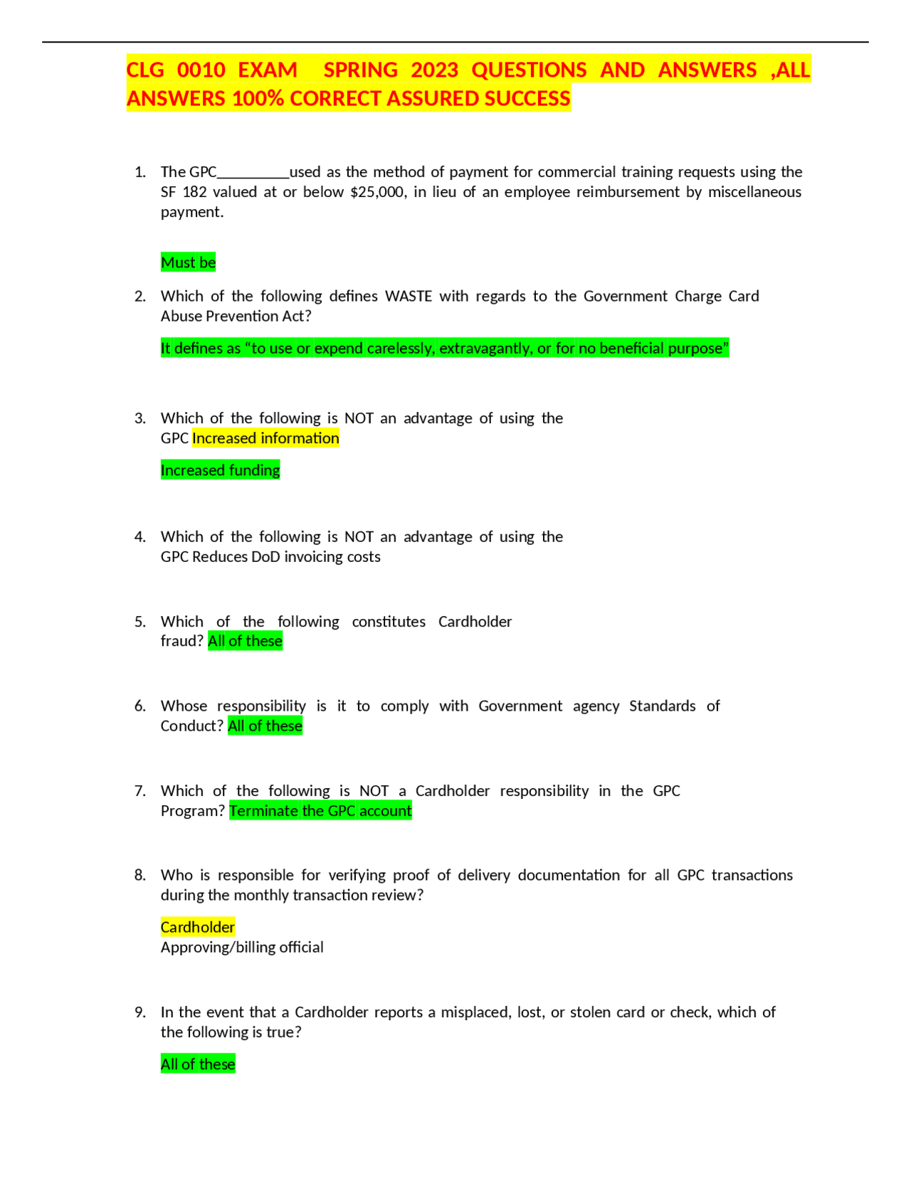 CLG 0010 EXAM SPRING 2023 QUESTIONS AND ANSWERS ,ALL ANSWERS 100% ...