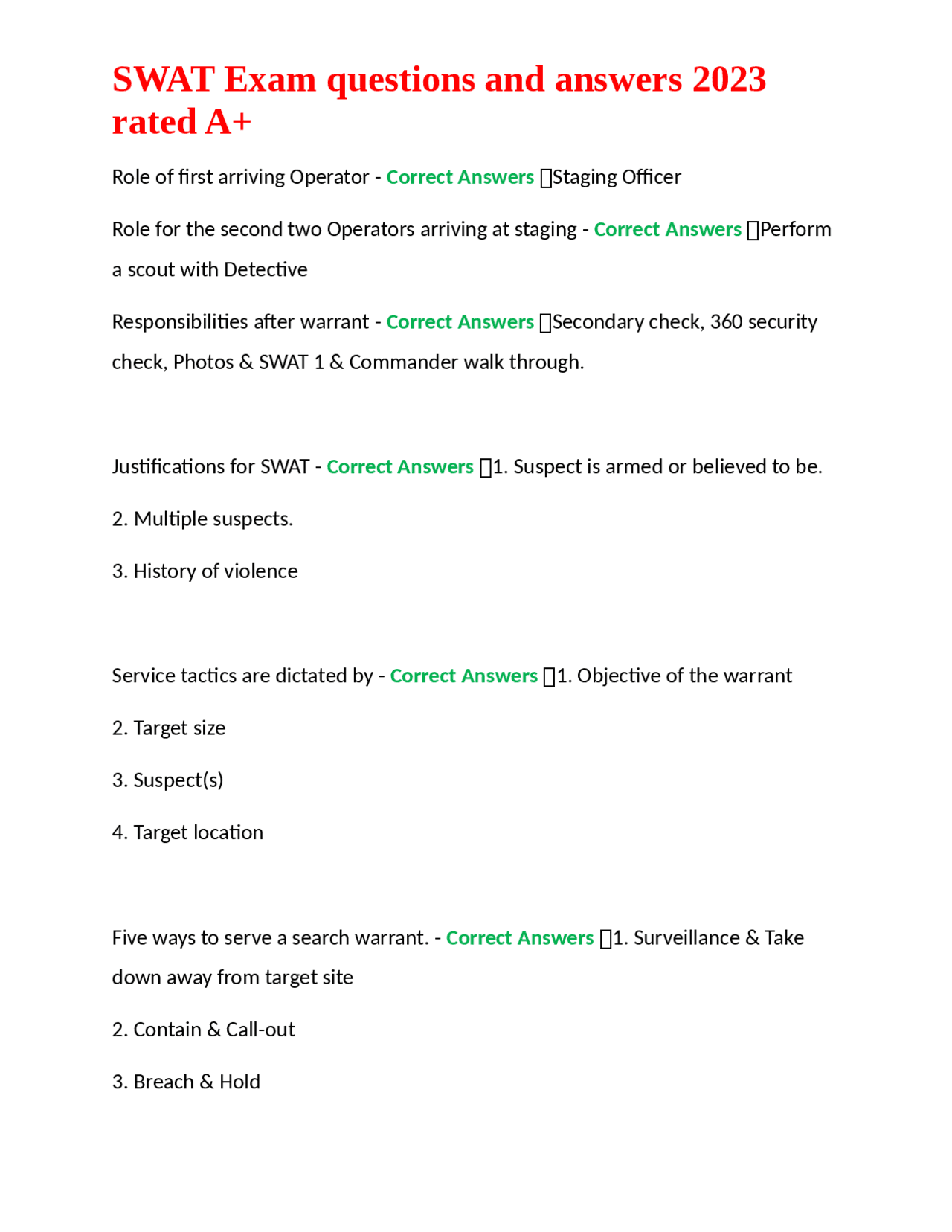 SWAT Exam questions and answers 2023 rated A+ | Exams Nursing | Docsity