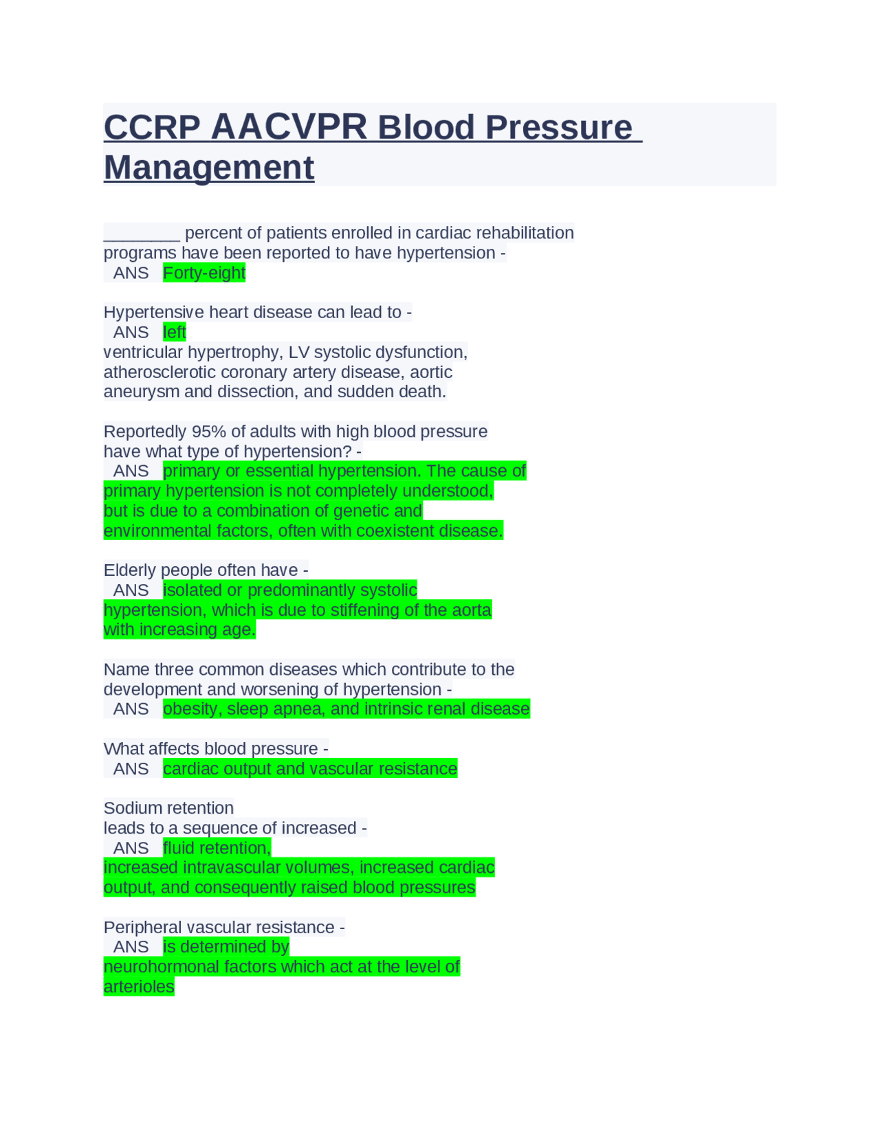 CCRP AACVPR Blood Pressure Management | Exams Health sciences | Docsity