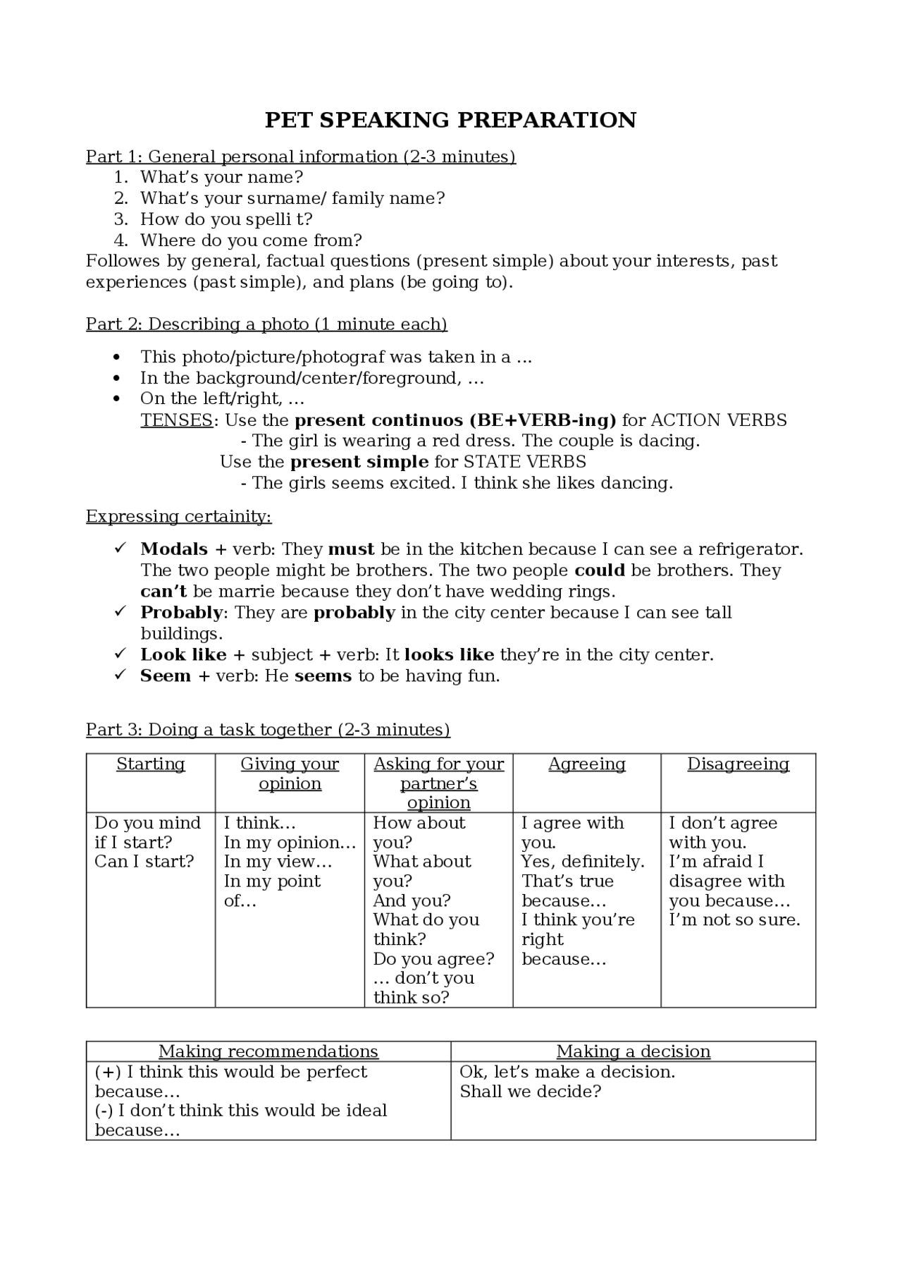 PET SPEAKING PREPARATON | Schemi e mappe concettuali di Inglese | Docsity