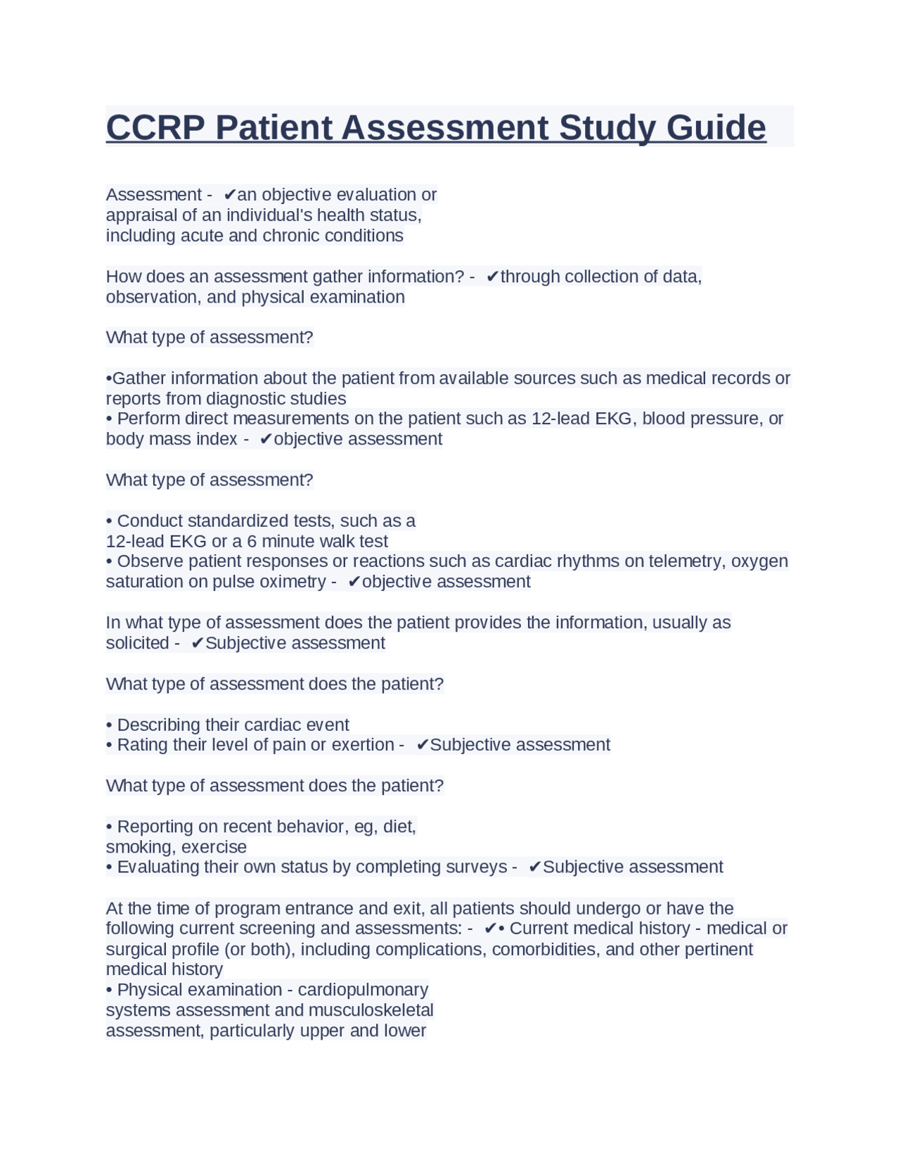 CCRP Patient Assessment Study Guide | Exams Health sciences | Docsity