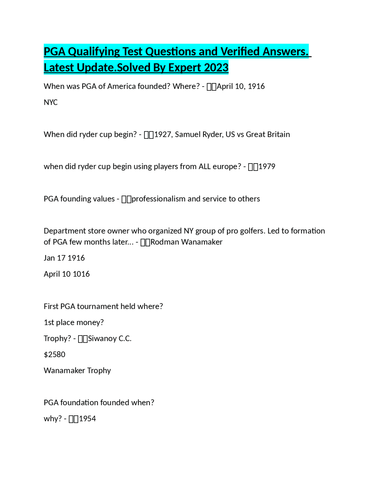 PGA Qualifying Test Questions and Verified Answers. Latest Update ...