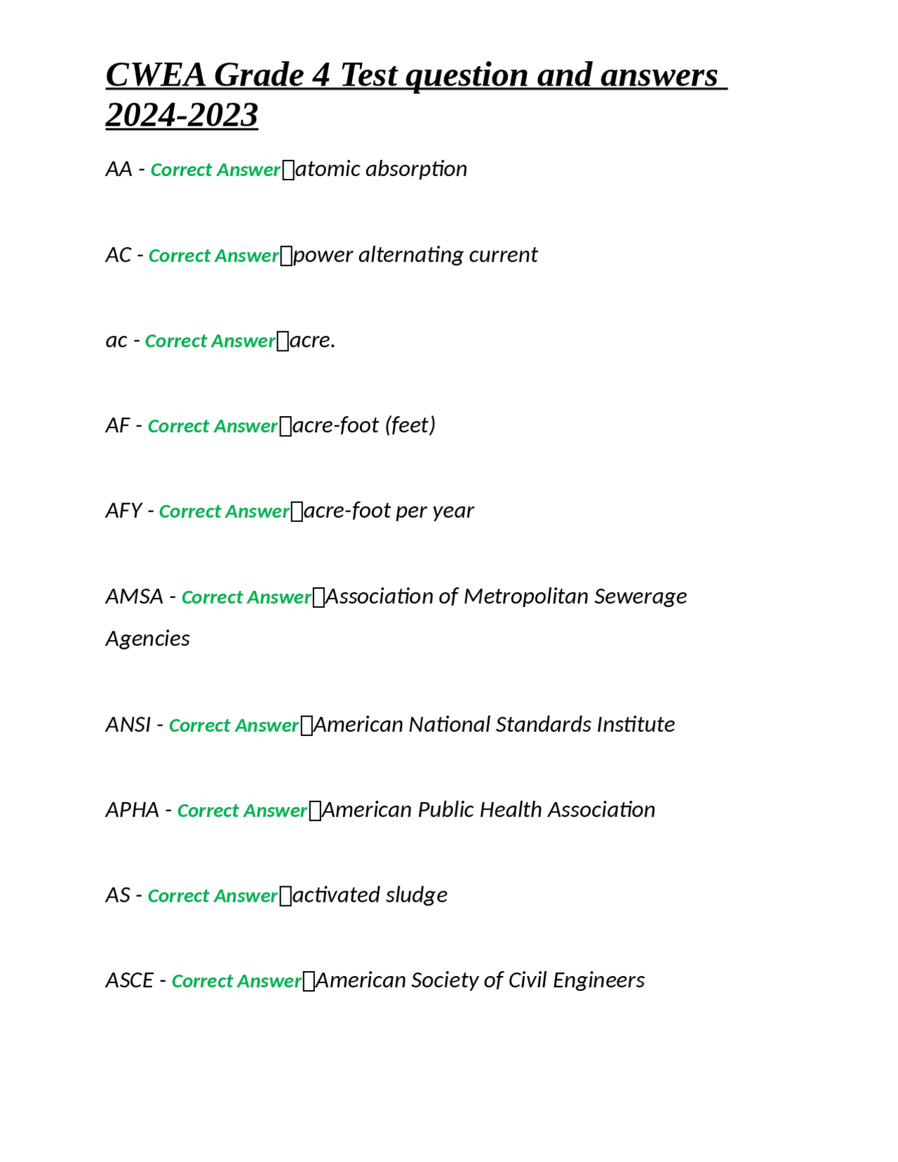 CWEA Grade 4 Test question and answers 2024-2023 | Exams Nursing | Docsity