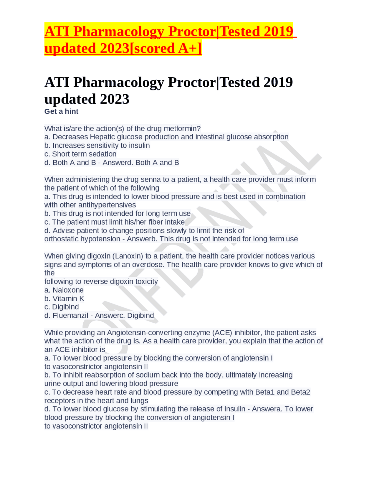 ATI Pharmacology Proctor|Tested 2019 updated 2023[scored A+] | Exams ...