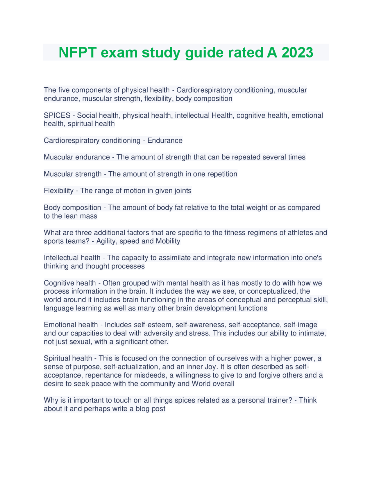 NFPT exam study guide rated A 2023 | Exams Nursing | Docsity