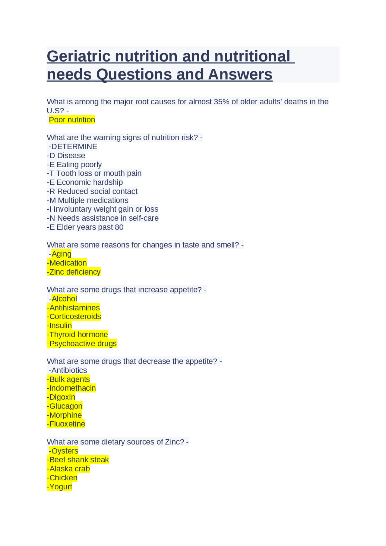 Geriatric Nutrition And Nutritional Needs Questions And Answers Exams