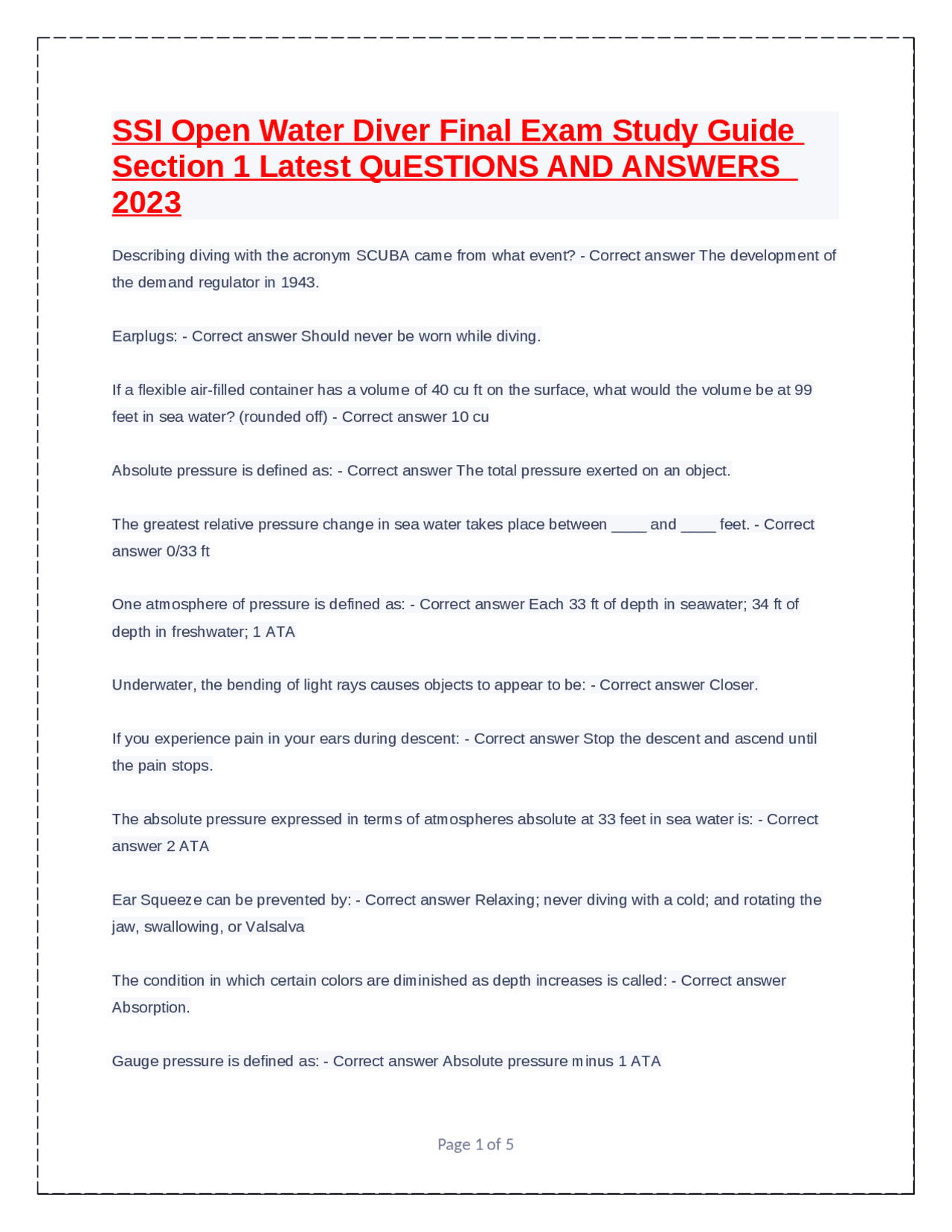 SSI Open Water Diver Final Exam Study Guide Section 1 Latest QuESTIONS ...