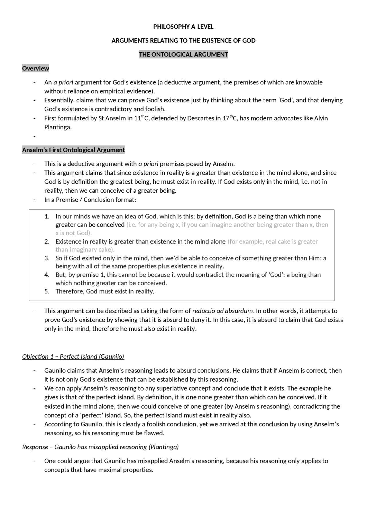 Aqa Philosophy Metaphysics Of God The Ontological Argument Notes And