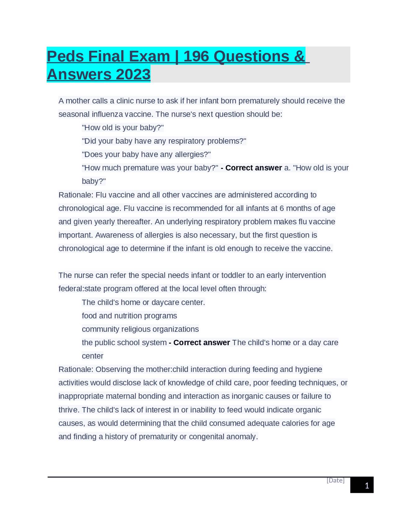Peds Final Exam 196 Questions And Answers 2023 Exams Nursing Docsity