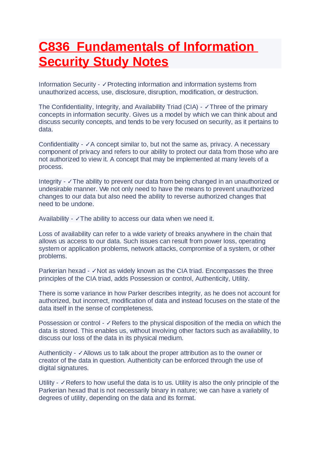 C836 Fundamentals of Information Security Study Notes | Exams Computer ...