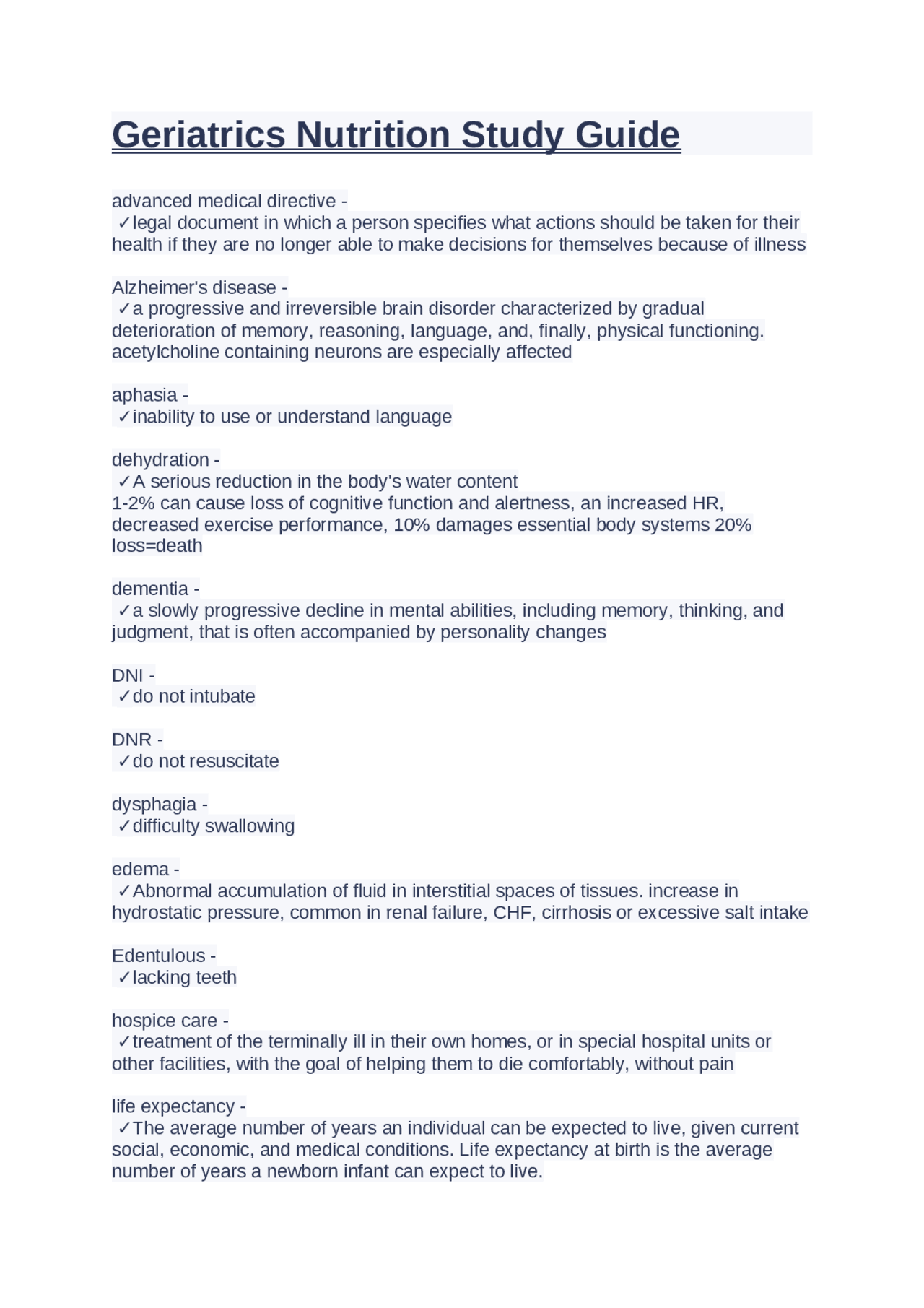 Geriatrics Nutrition Study Guide | Exams Nutrition | Docsity
