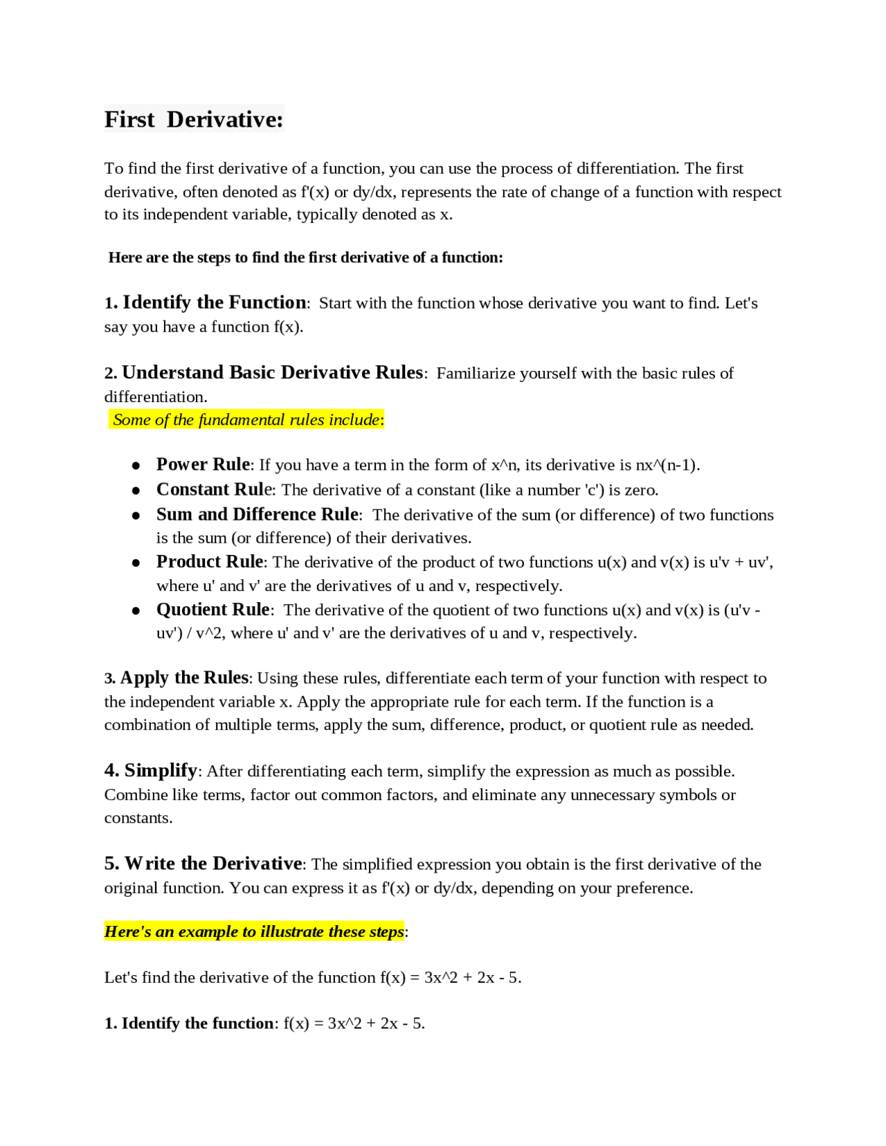 First Derivative with Basic Rules | Study Guides, Projects, Research ...
