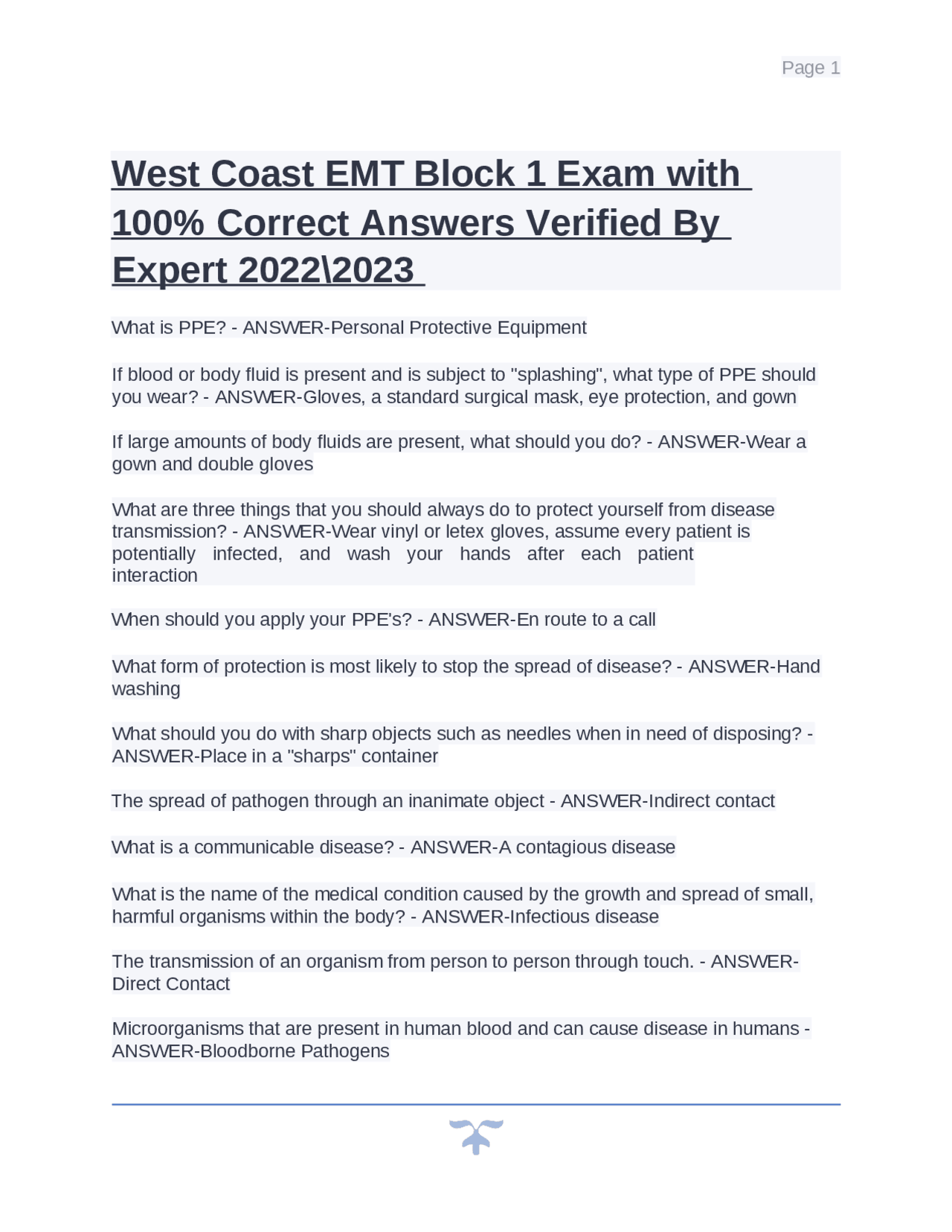 West Coast EMT Block 1 Exam with 100% Correct Answers Verified By ...