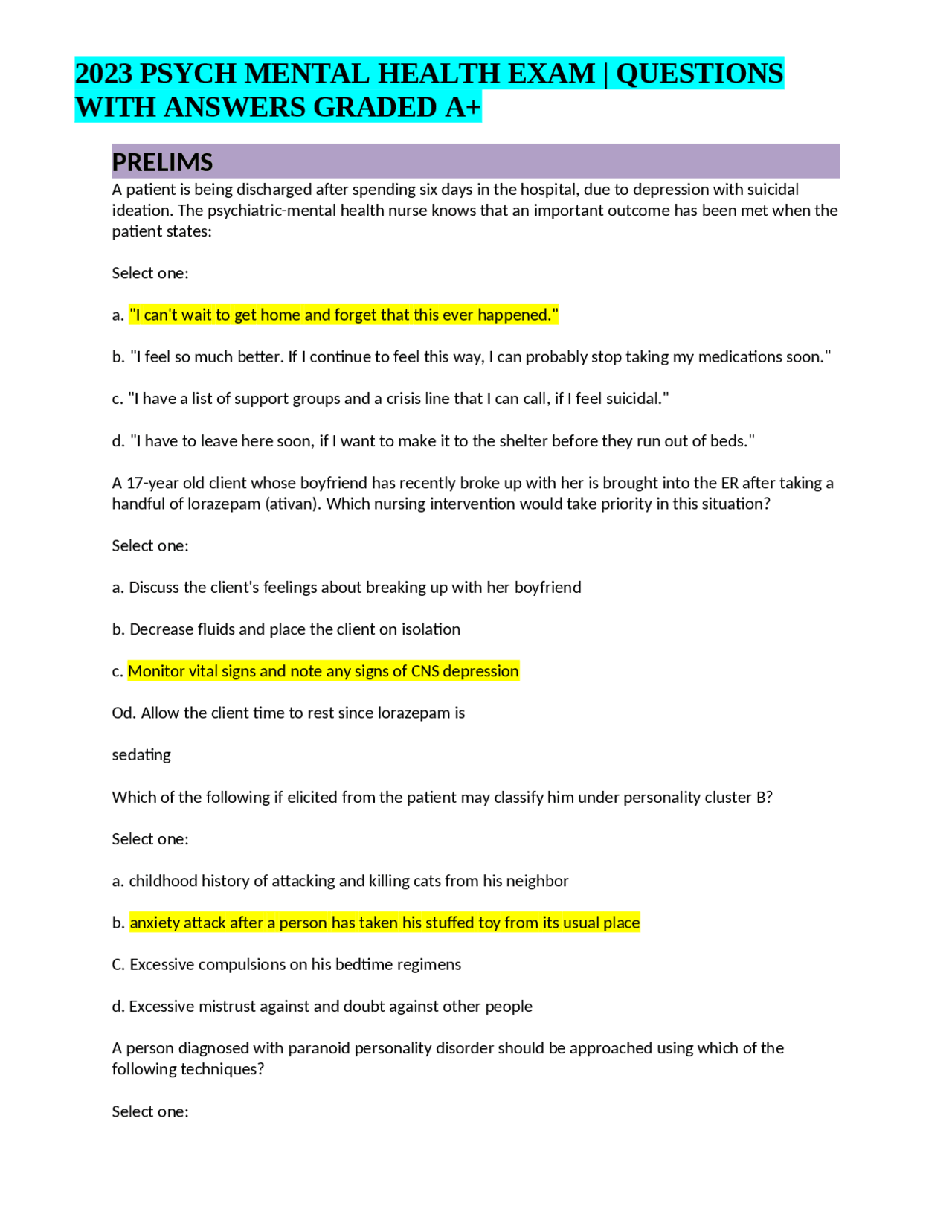 2023 PSYCH MENTAL HEALTH EXAM | QUESTIONS WITH ANSWERS GRADED A+ ...