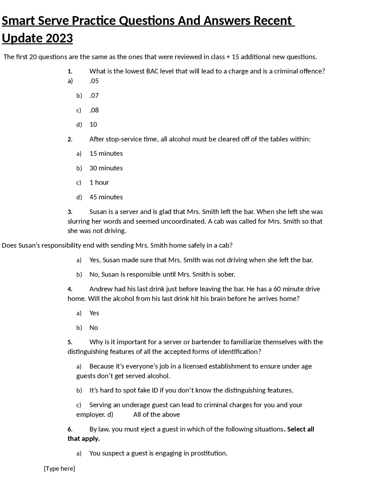 Smart Serve Practice Questions And Answers Recent Update 2023 Exams