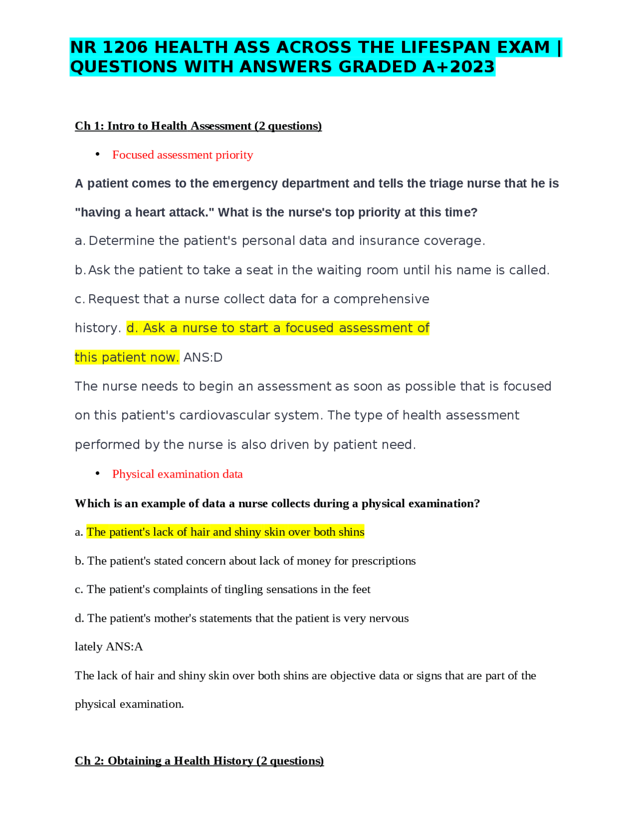 Nr 1206 Health Ass Across The Lifespan Exam Questions With Answers