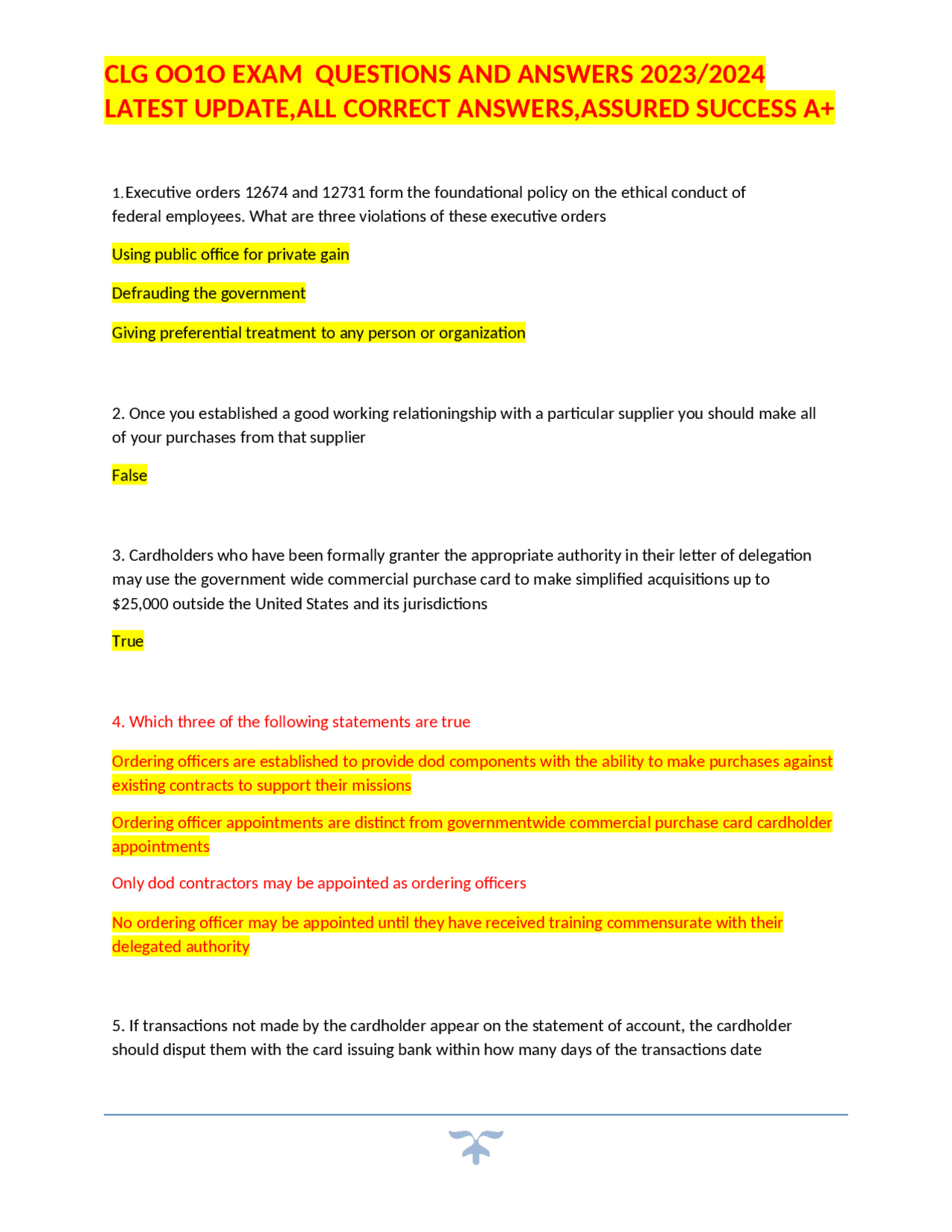 CLG OO1O EXAM QUESTIONS AND ANSWERS 2023/2024 LATEST UPDATE,ALL CORRECT ...