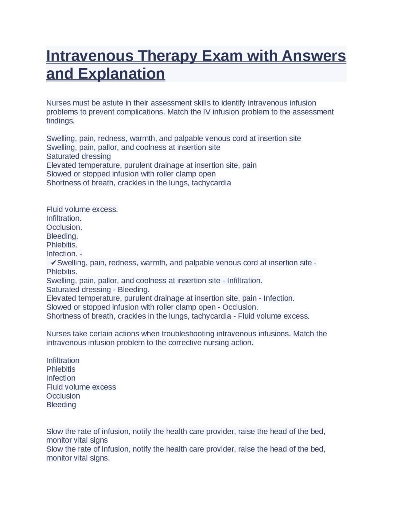 Intravenous Therapy Exam with Answers and Explanation | Exams Nursing ...