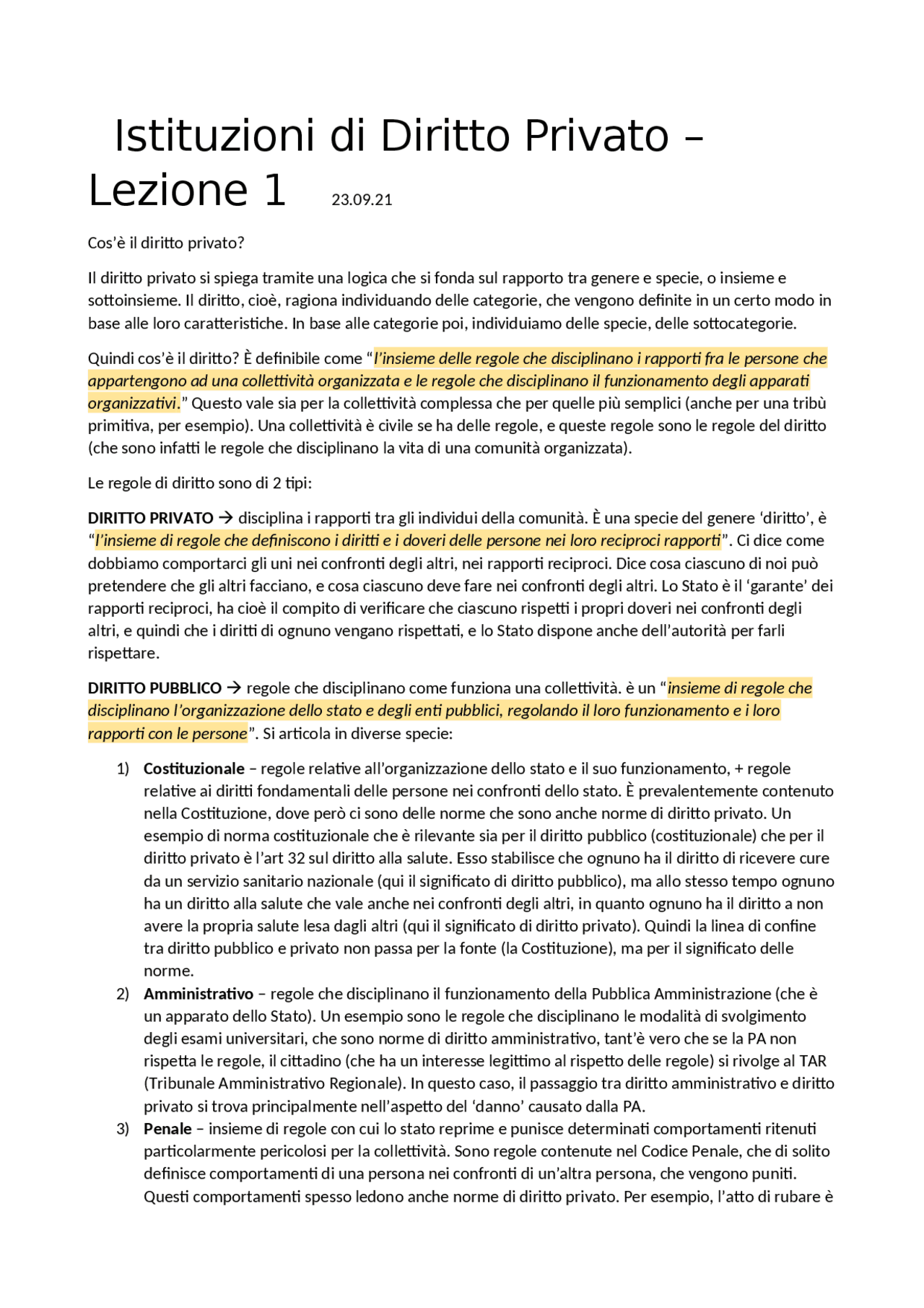 Lezione 1 di diritto privato | Appunti di Diritto Privato | Docsity