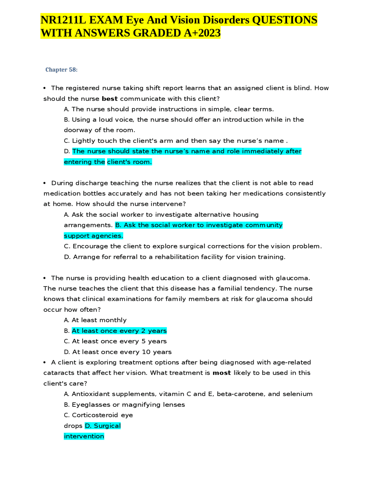 NR1211L EXAM Eye And Vision Disorders QUESTIONS WITH ANSWERS GRADED A+ ...