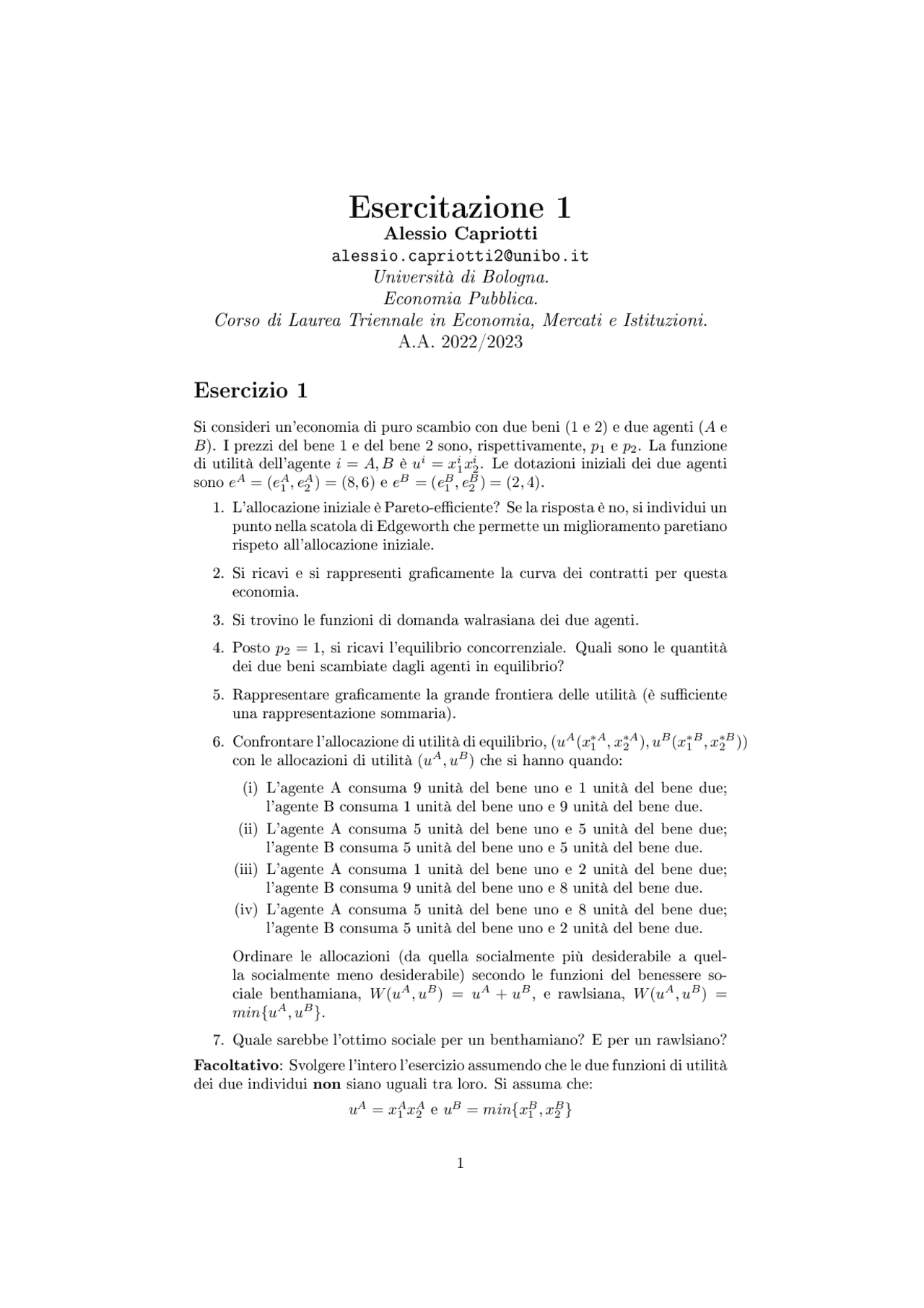 Eserciziario di Economia Pubblica | Esercizi di Economia Pubblica | Docsity